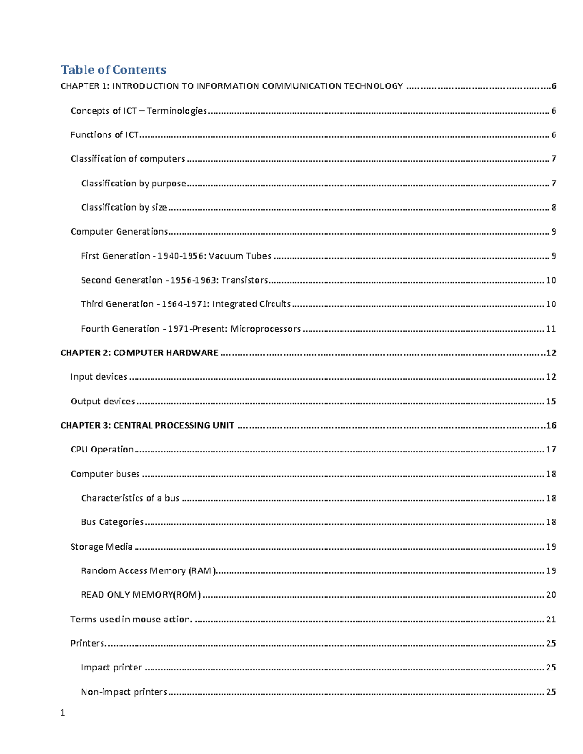 ICT Notes - 1.2 - Table of Contents CHAPTER 1: INTRODUCTION TO ...