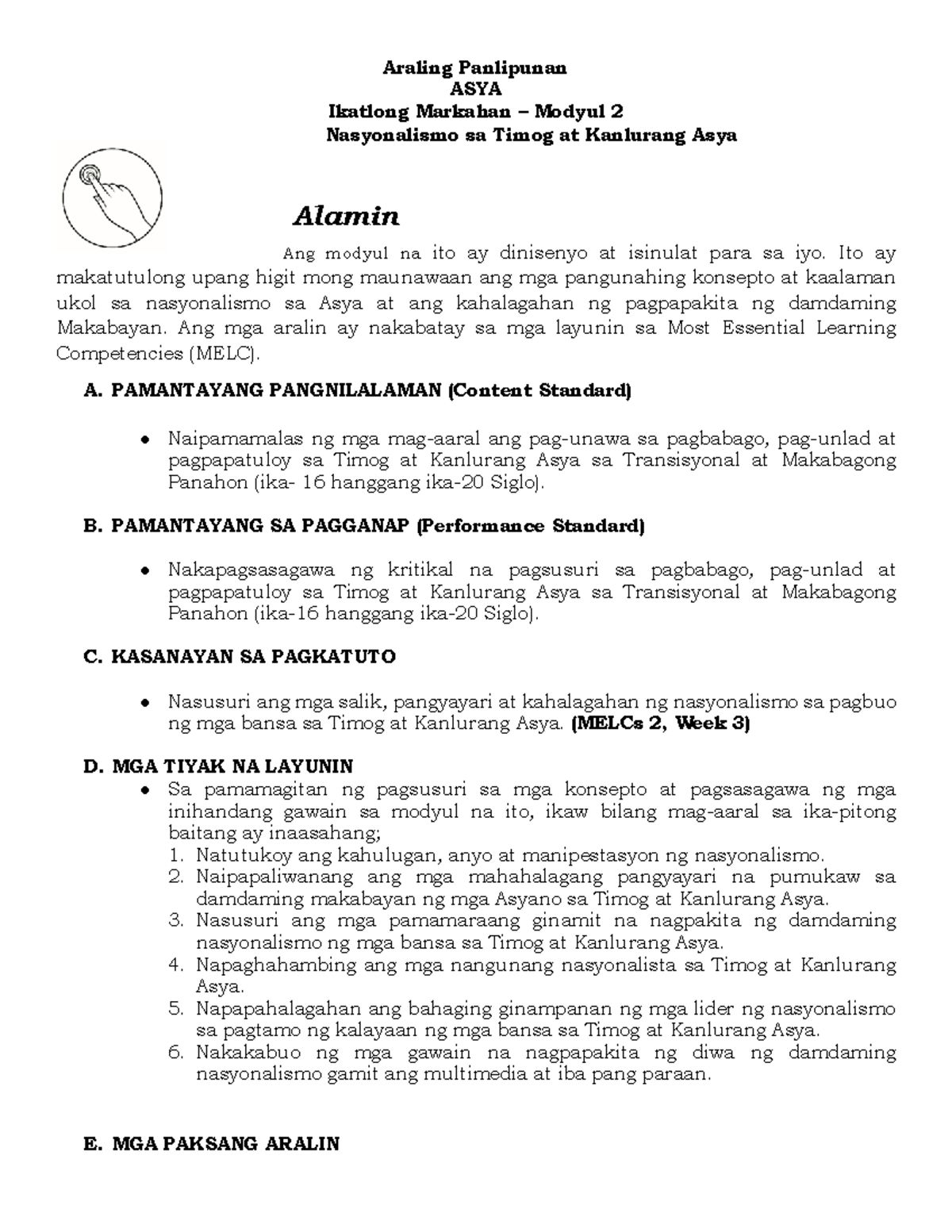 AP Q3 Module 2 - This for reference purposes - Araling Panlipunan ASYA Ikatlong Markahan ...
