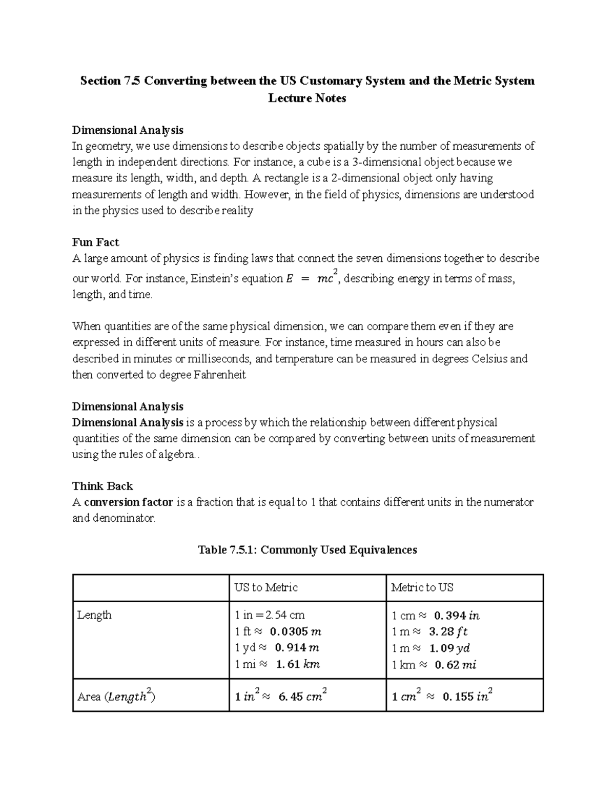 Section 7.5 Notes - Section 7 Converting between the US Customary ...