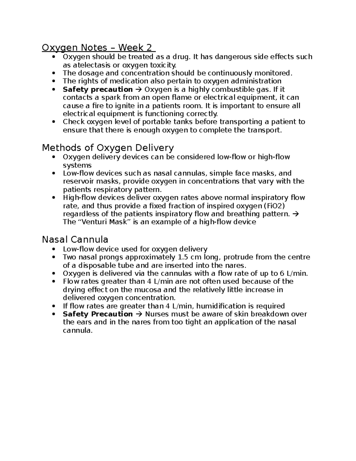 Oxygen - Week 2 - Oxygen Notes – Week 2 Oxygen should be treated as a ...