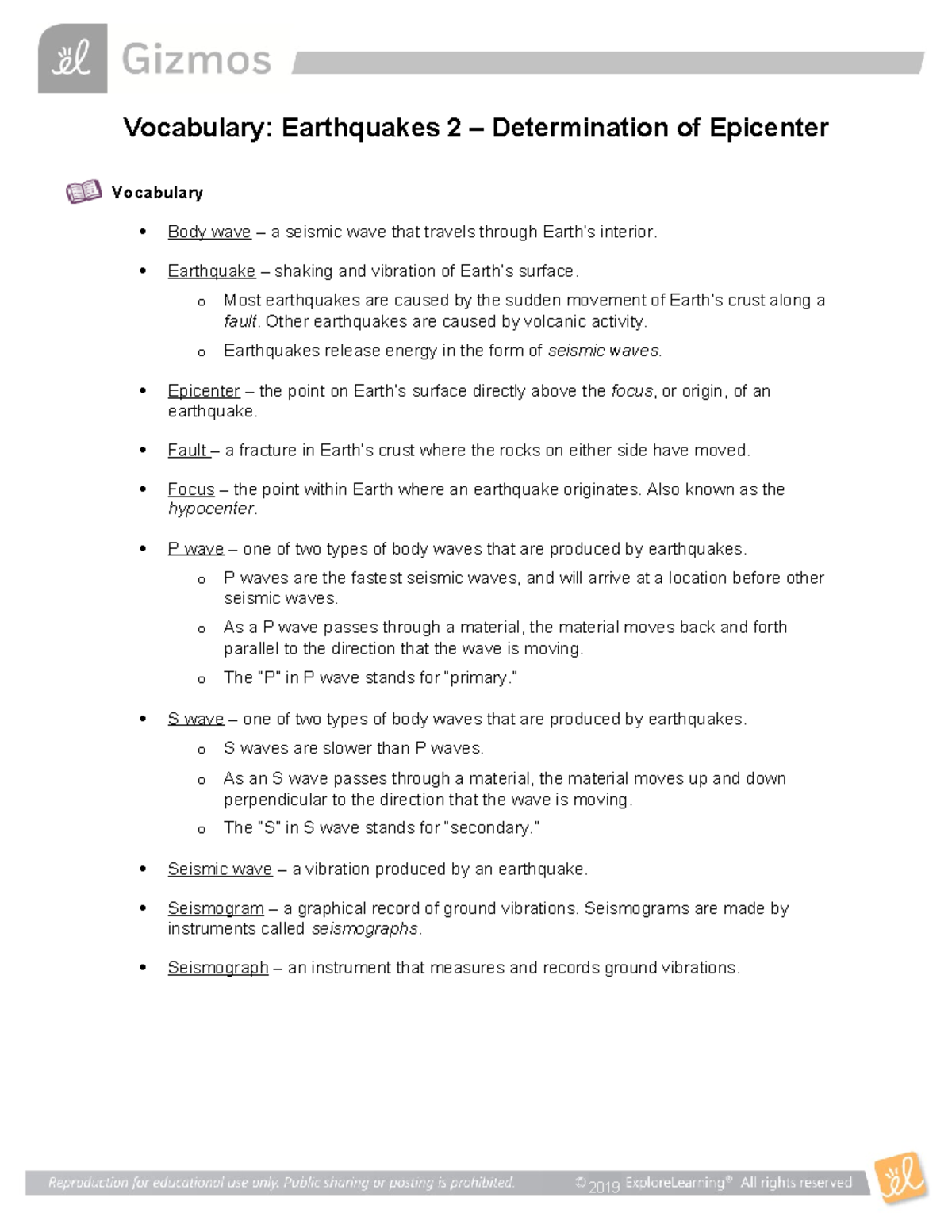 Earthquakes 2Epicenter Vocab - 2019 Vocabulary: Earthquakes 2 ...