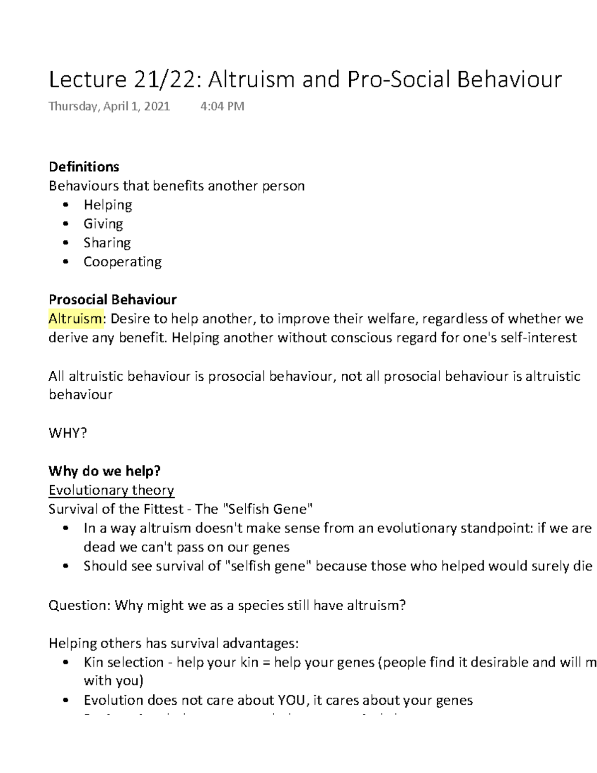 Lecture 21-22 Altruism and Pro-Social Behaviour - Definitions ...
