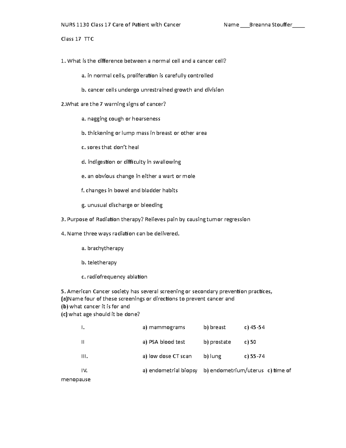 NURS 1130 Class 17 TTC for cancer care - NURS 1130 Class 17 Care of ...