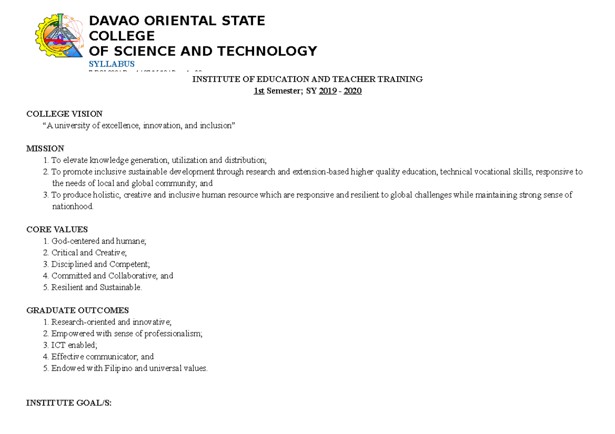 TLE 124 Syllabus - SMAW 2 - INSTITUTE OF EDUCATION AND TEACHER TRAINING ...