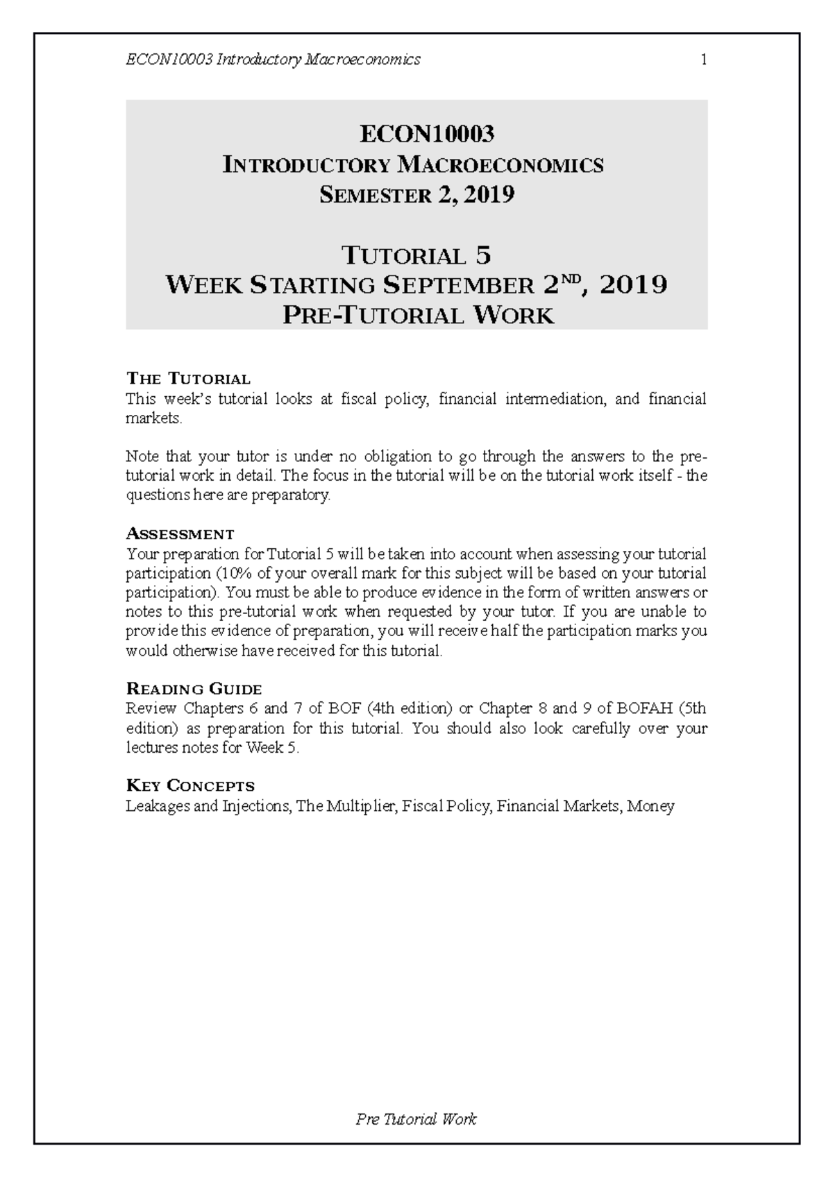 T5 Pretutorial 2019 Econ10003 Econ10003 Introductory Macroeconomics