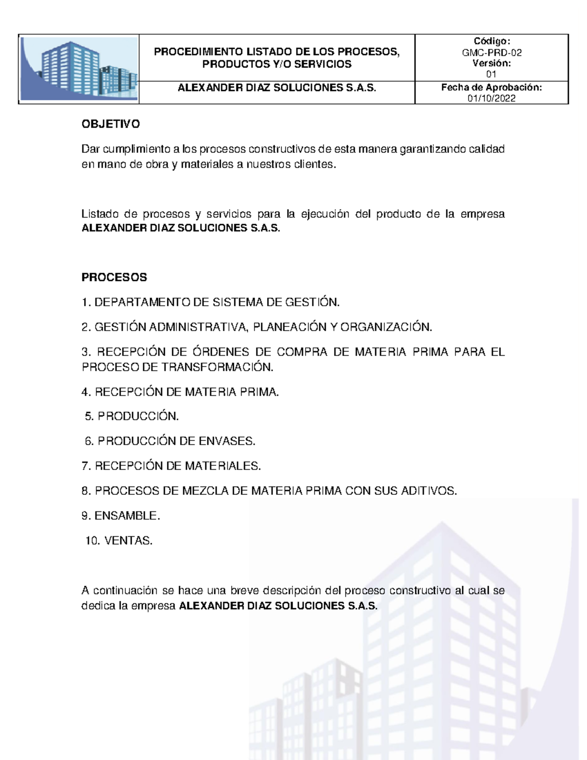 Listado DE LOS Procesos Productos Y Servicios - PROCEDIMIENTO LISTADO ...
