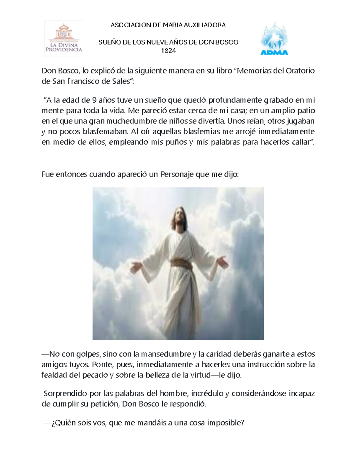 Sueño DE LOS 9 AÑOS DE DON Bosco - SUEÑO DE LOS NUEVE AÑOS DE DON BOSCO 1824 Don Bosco, lo ...