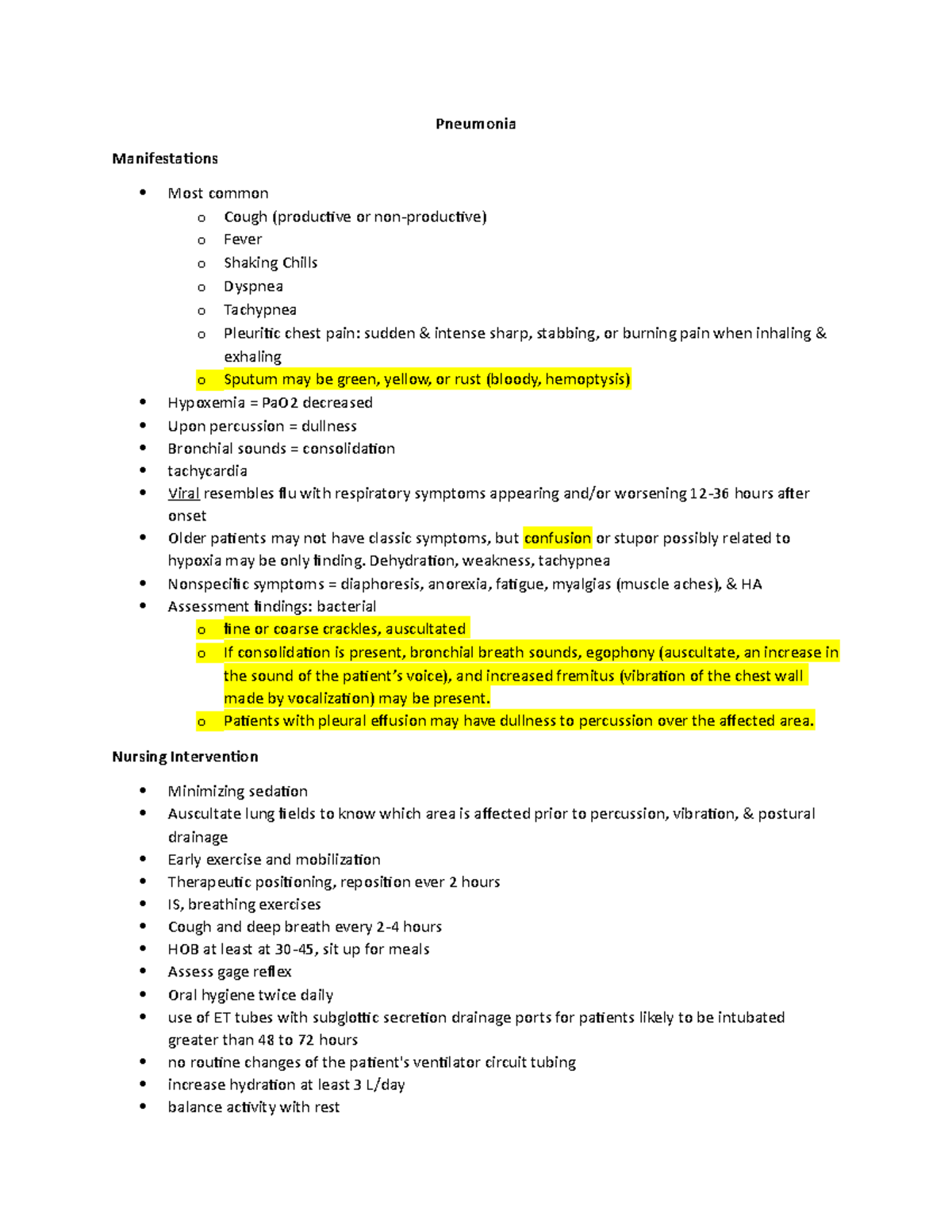 Pneumonia exemplar - nursing - Pneumonia Manifestations Most common o ...