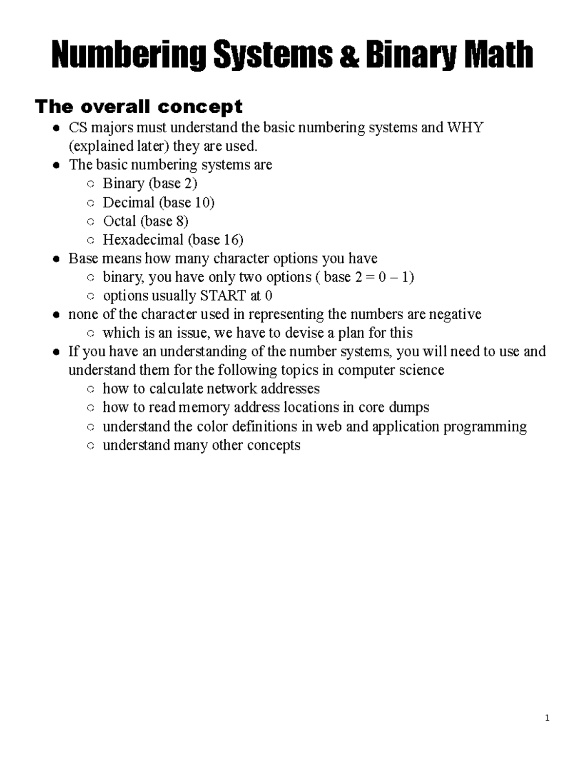 Numbering Systems Lecture Notes Numbering Systems And Binary Math The