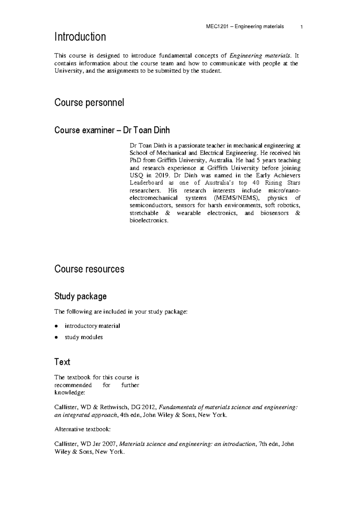 MEC1201 Introductory Booklet - Introduction This course is designed to ...