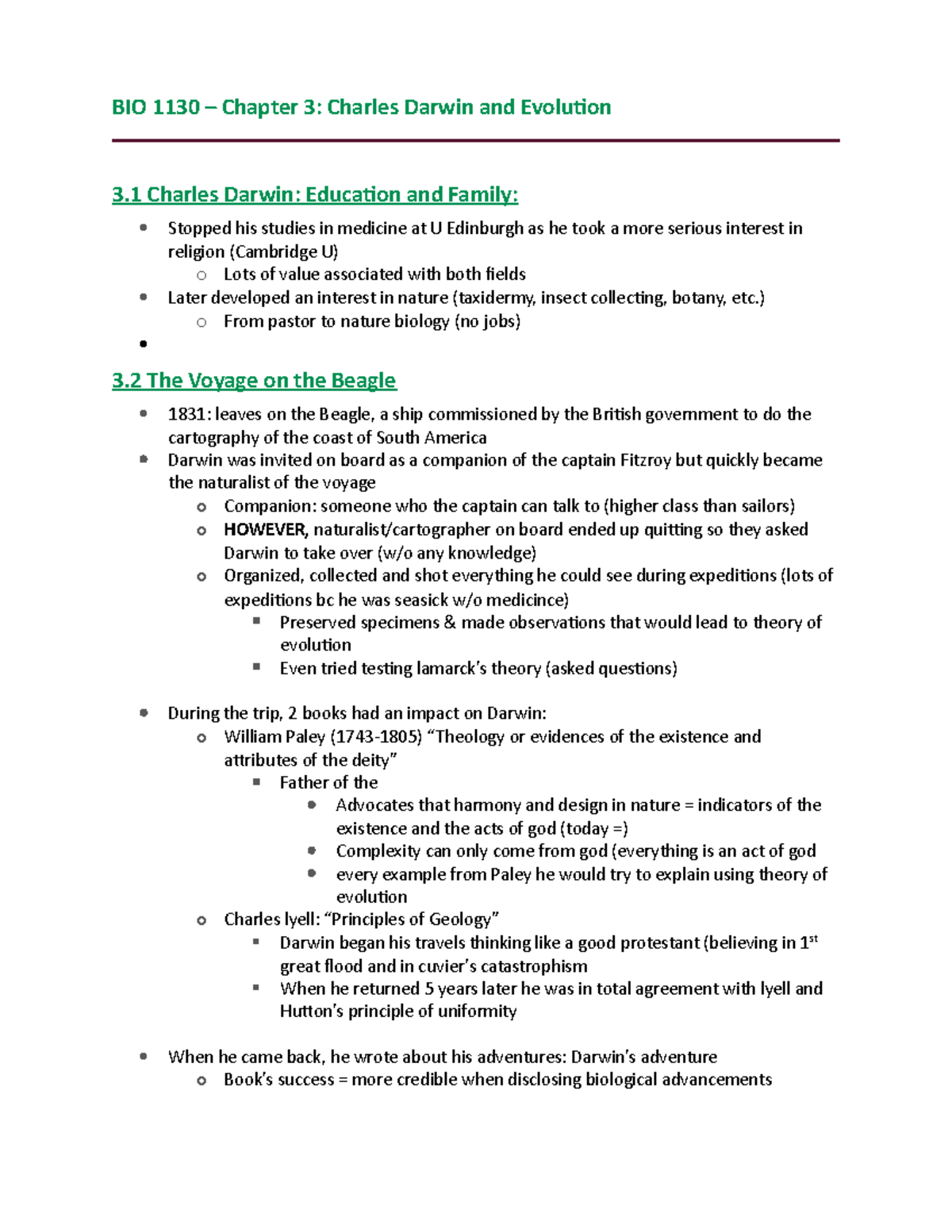 BIO 1130 - Chapter 3 - BIO 1130 – Chapter 3: Charles Darwin and ...