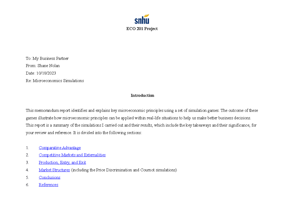 ECO 201 Project final project - ECO 201 Project To: My Business Partner ...