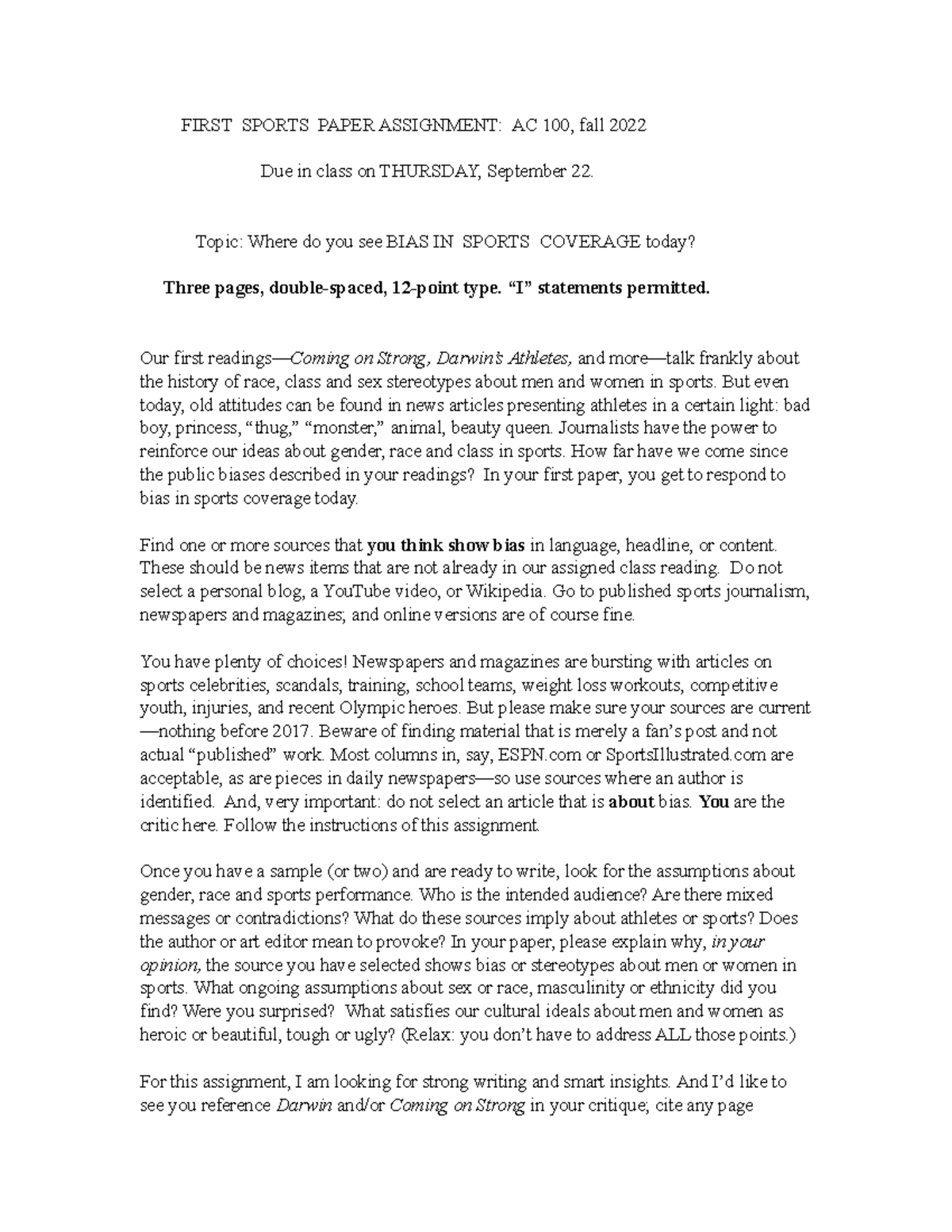 First Sports Paper Assignment - FIRST SPORTS PAPER ASSIGNMENT: AC 100 ...