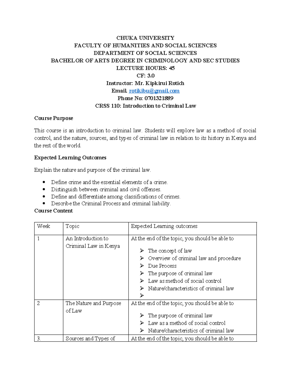 CRSS 110 C.O 1 Introduction to Criminal Law - CHUKA UNIVERSITY FACULTY ...