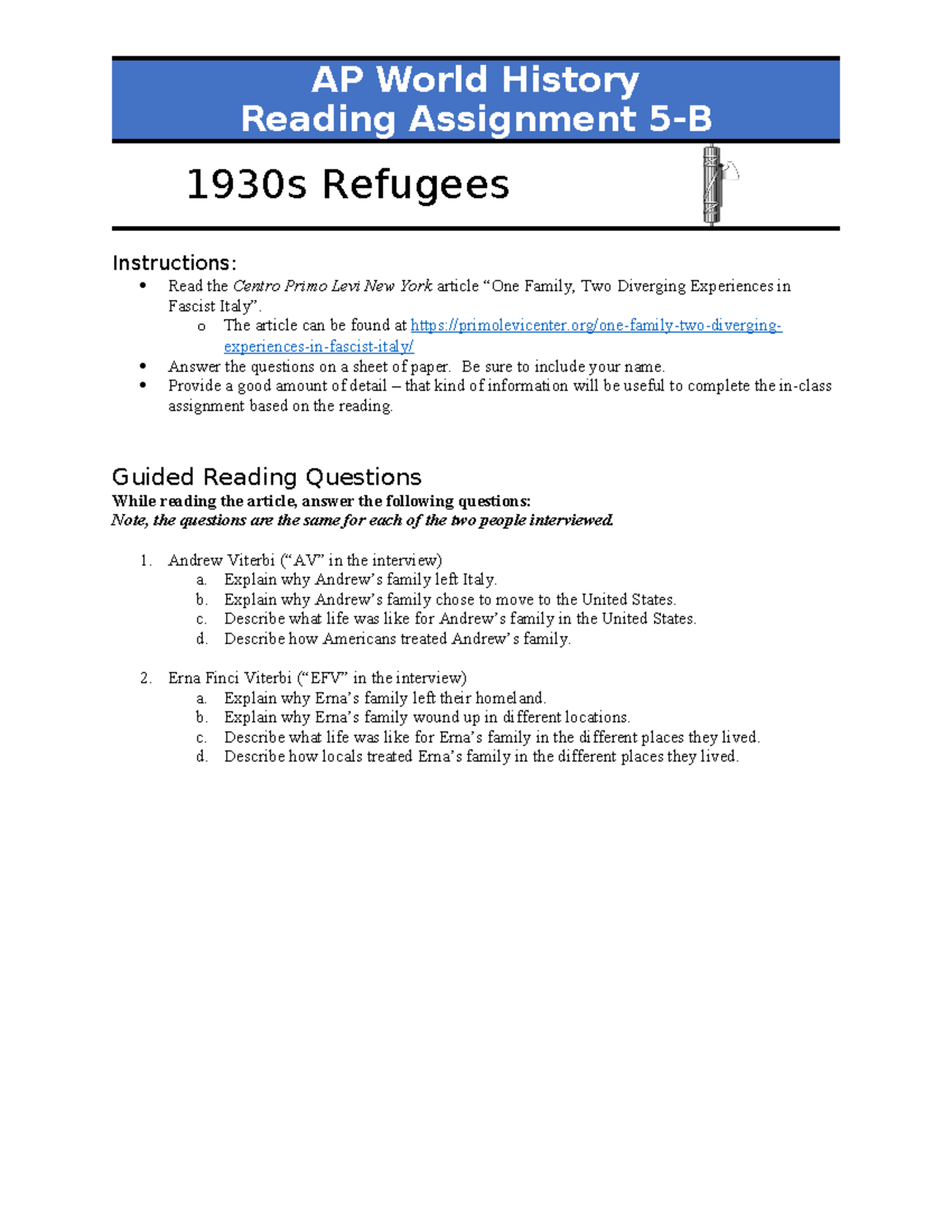 APWH - Reading 5B - 1930s Refugees - AP World History Reading ...