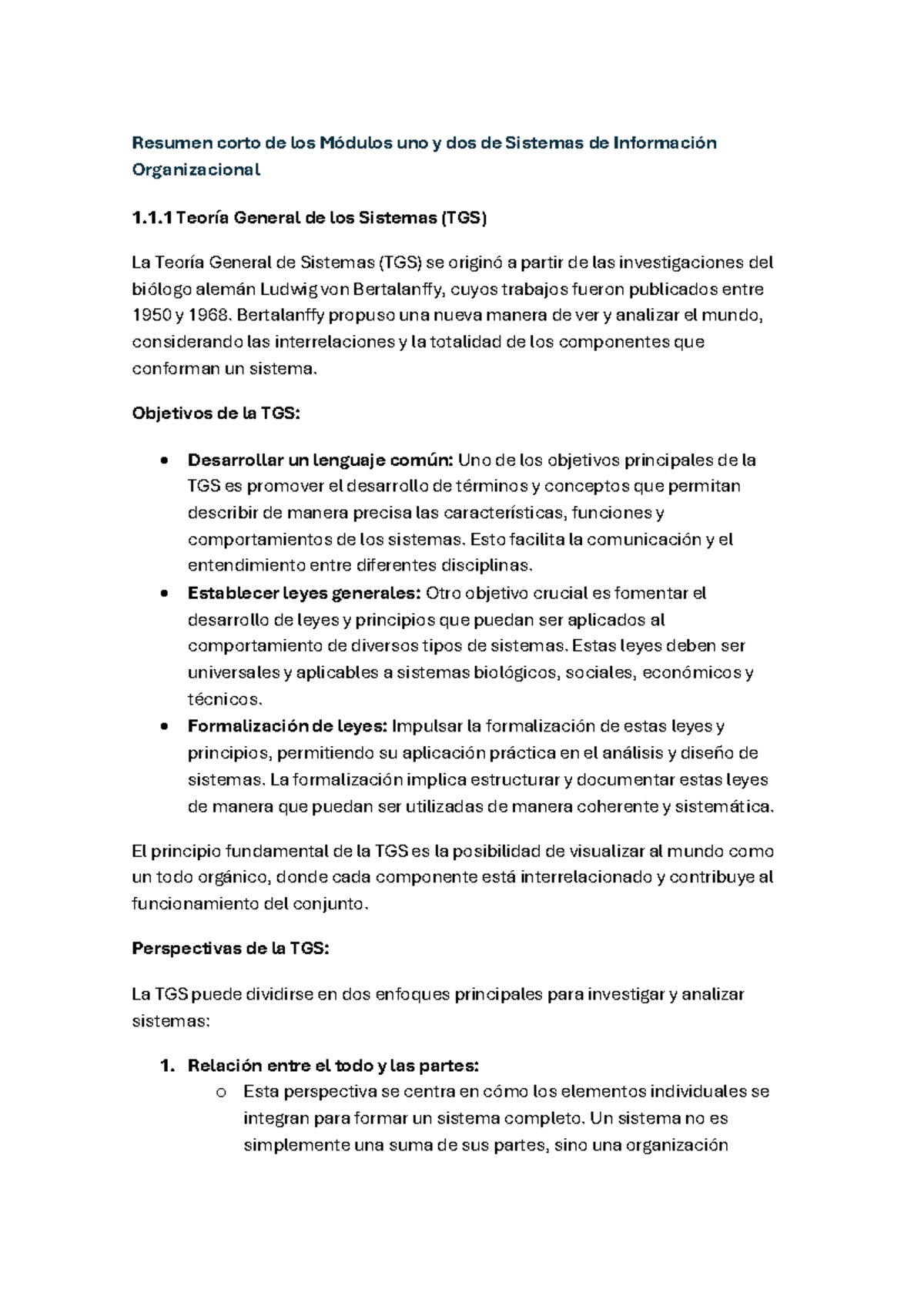 Resumen corto de los Módulos uno y dos de Sistemas de Información Organizacional - 1 Teoría ...