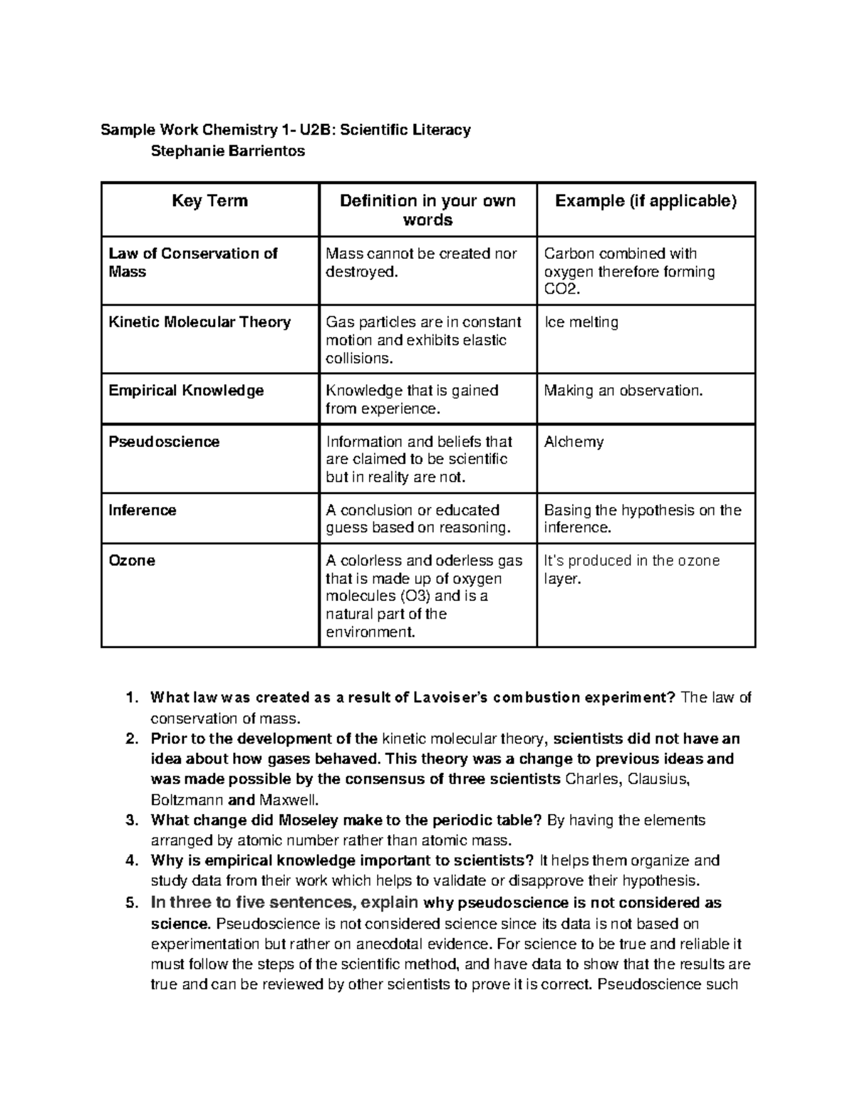 Unit 2 Scientific Literacy SW - Sample Work Chemistry 1- U2B ...