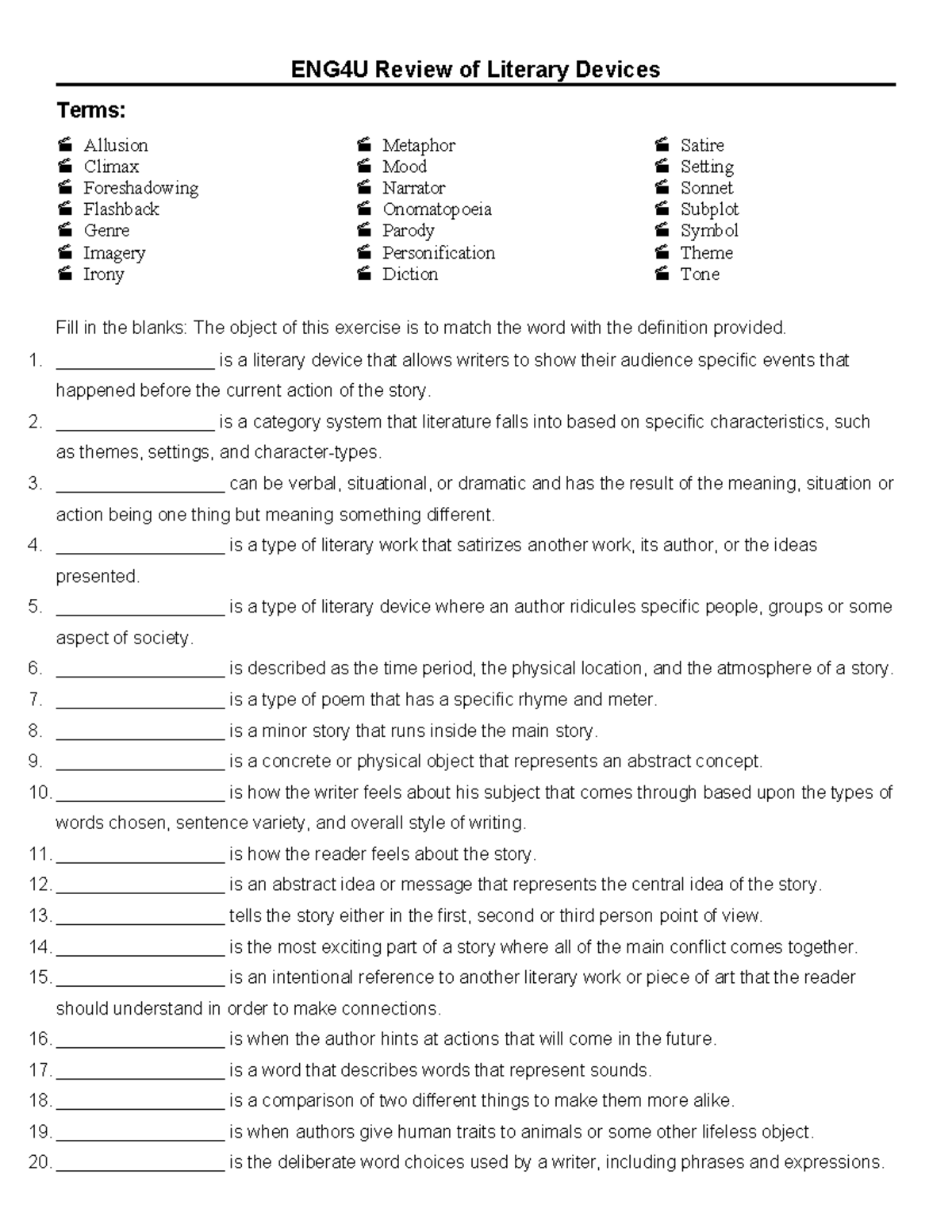 Review of Literary Terms - ENG4U Review of Literary Devices Terms ...