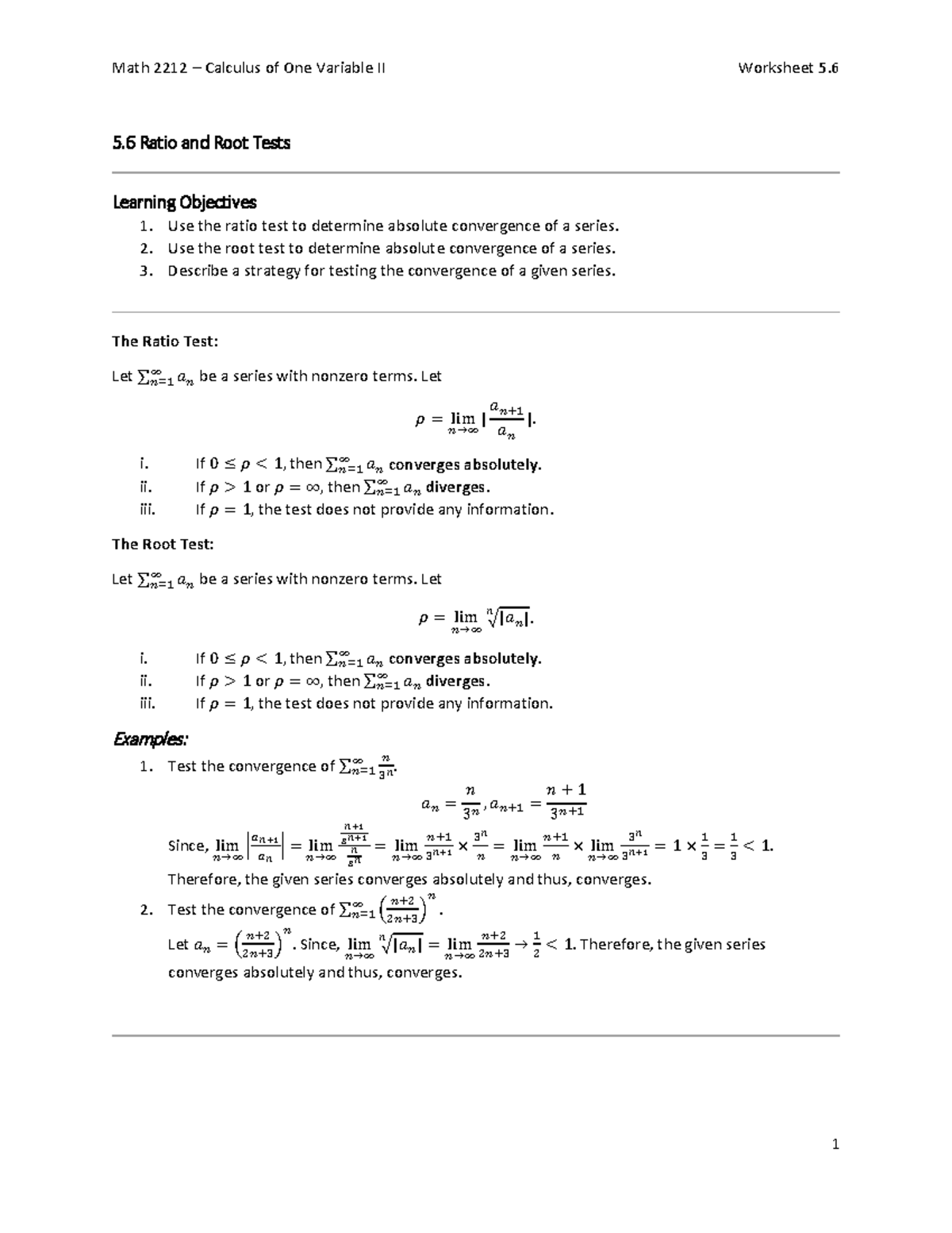 Worksheet-Section 5.6 Ratio and Root Test - Math 2212 – Calculus of One ...