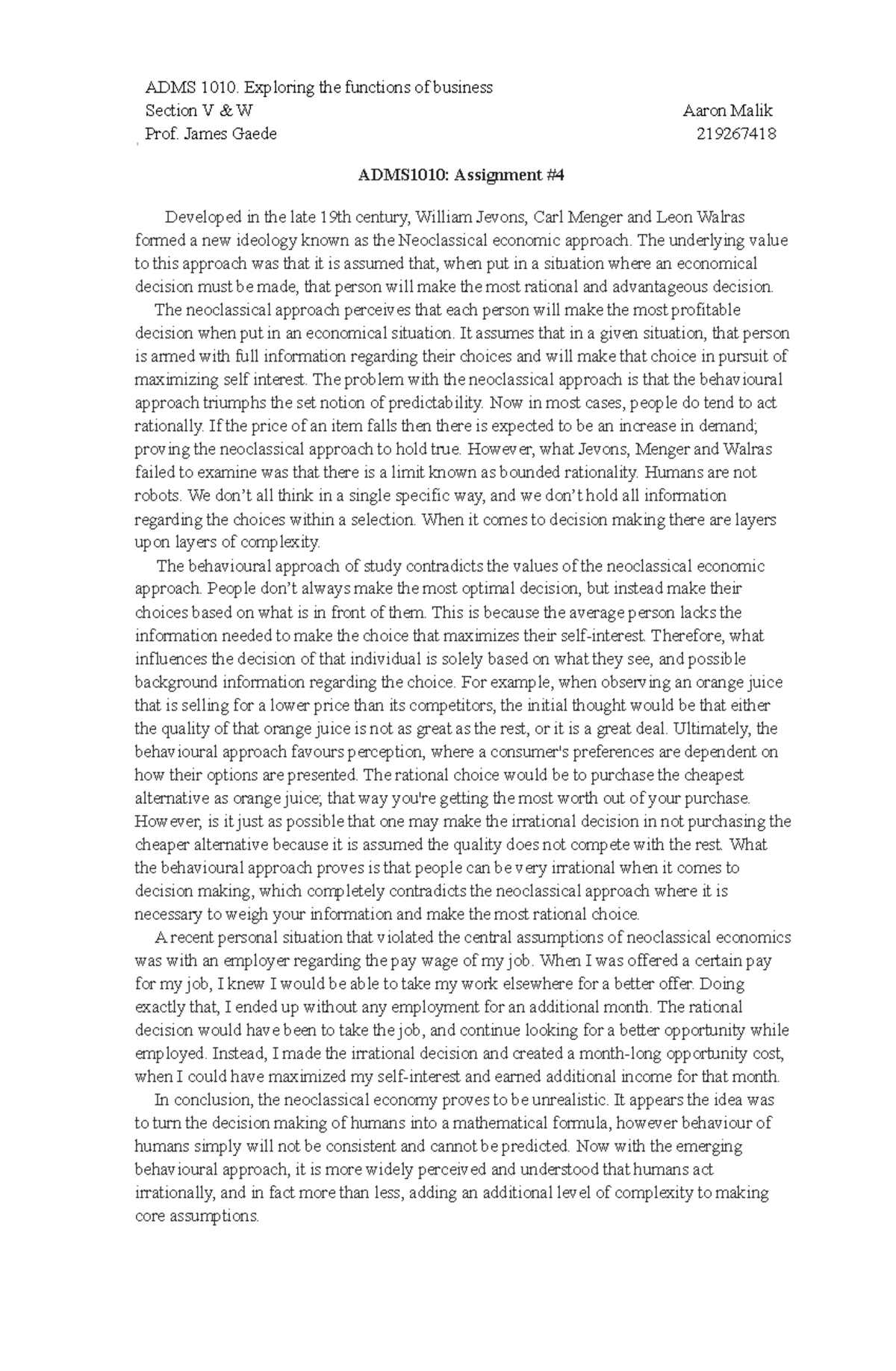 ADMS1010 Assignment #4 1010adms - ADMS 1010. Exploring the functions of business Section V & W ...