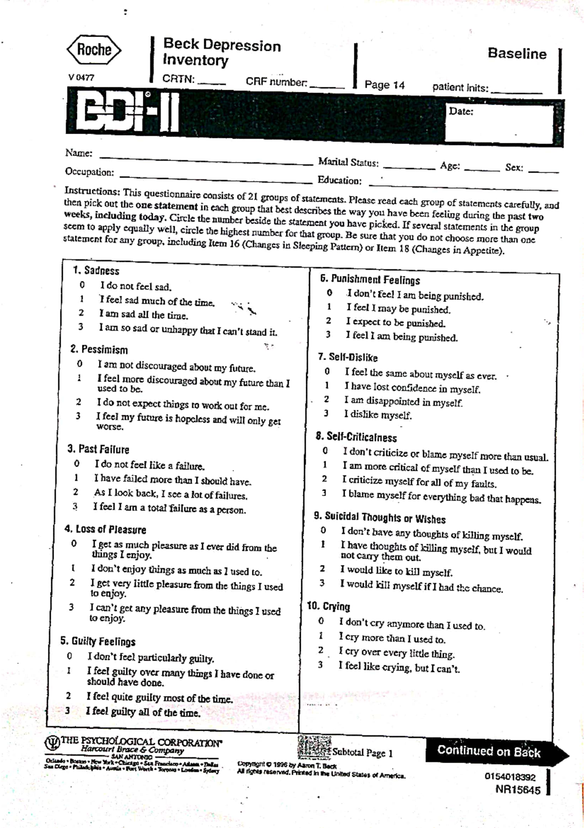 BDI-II Questionnaire - Basic research methodology statistics and ...