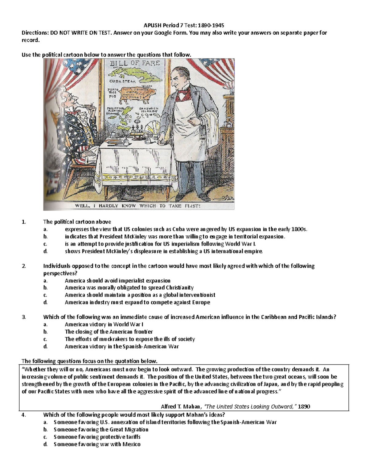 Apush Period 7 Test - nnjjjj - APUSH Period 7 Test: 1890- Directions ...