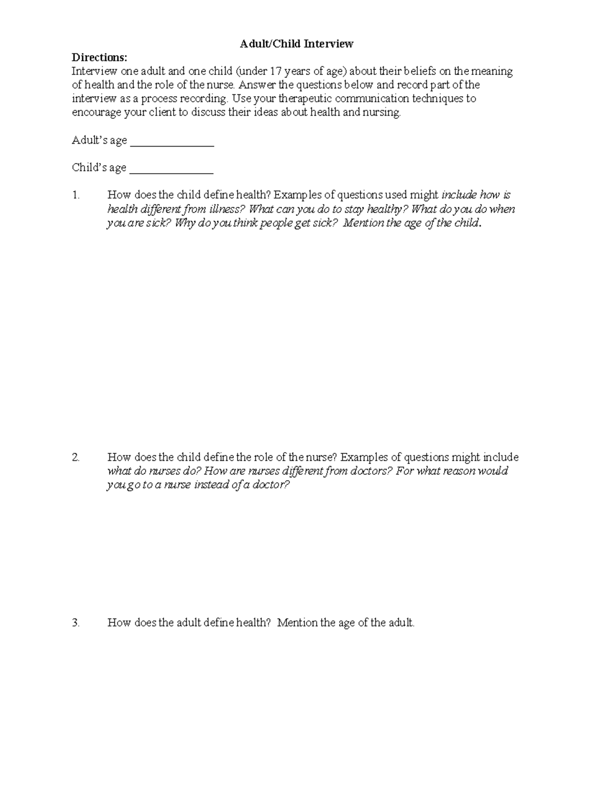 Adult Child Interview - nur103 - Adult/Child Interview Directions ...