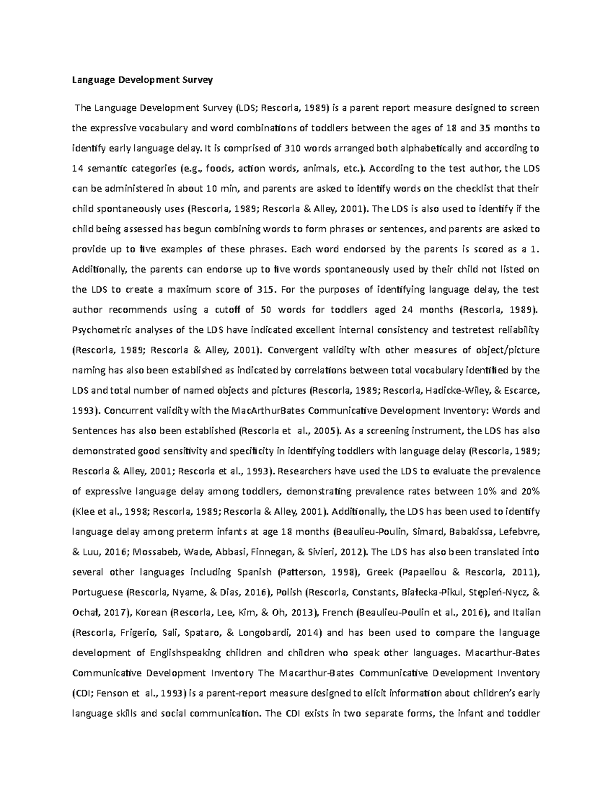 Language Development Survey - It is comprised of 310 words arranged ...