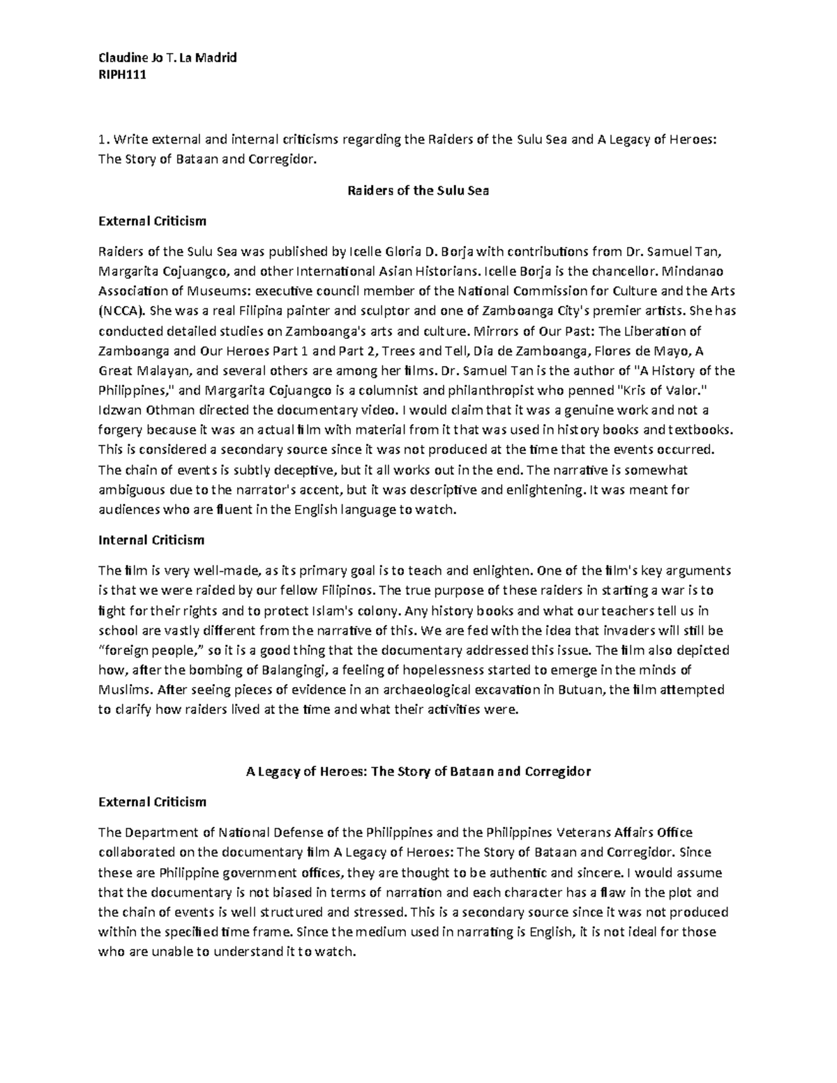 internal and external criticism - Claudine Jo T. La Madrid RIPH Write ...