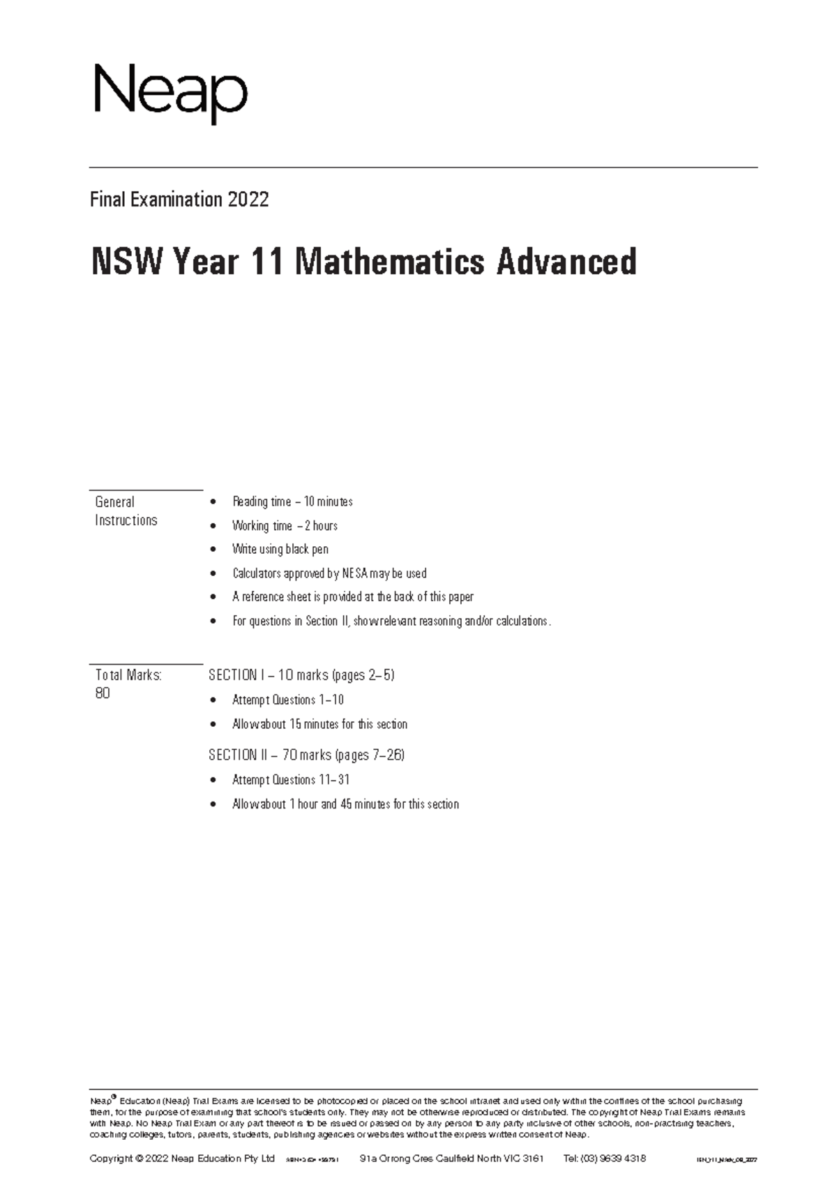 Mathematics Advanced Year 11 Question and Answer Booklet 2022 ...