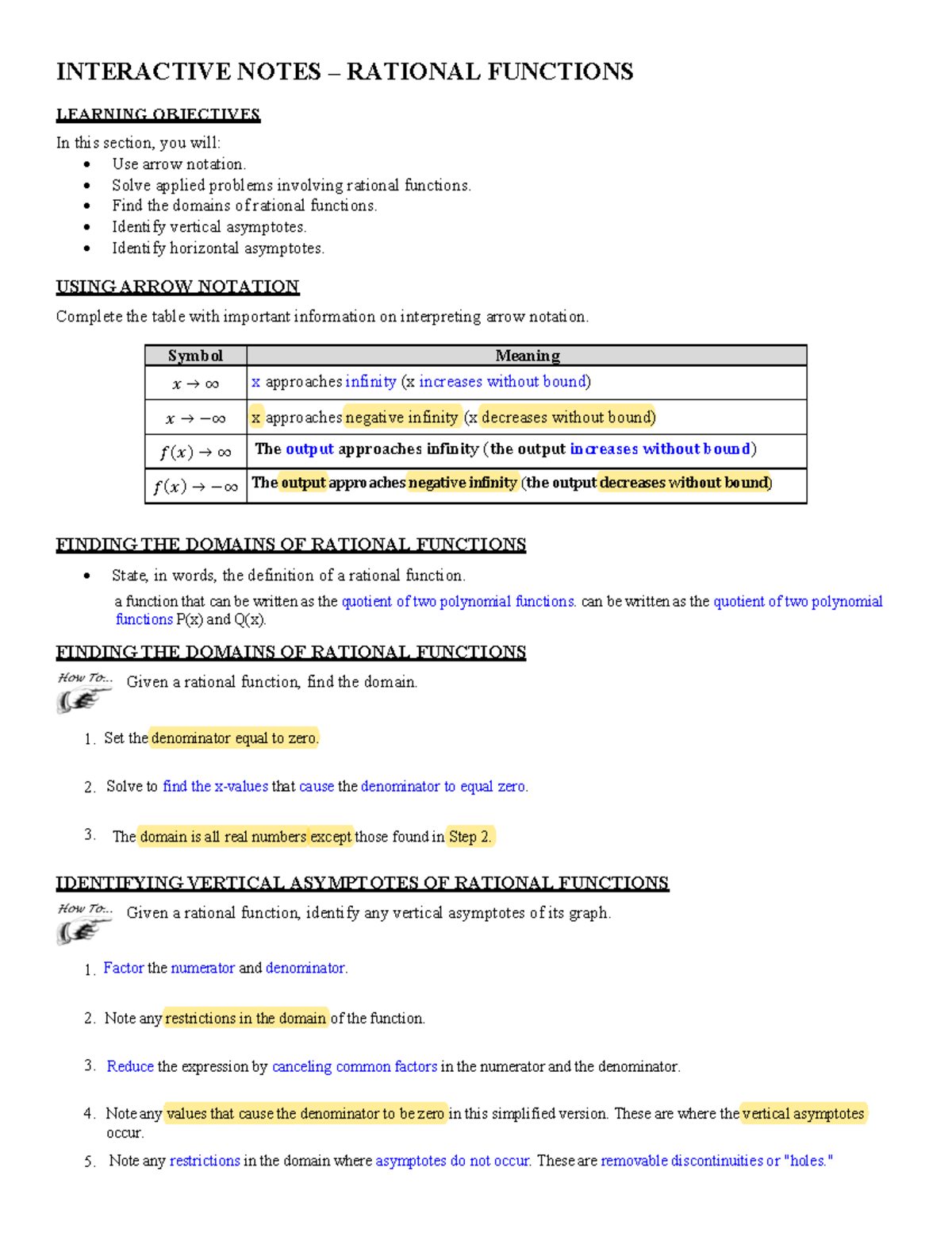 Module 12 Notes Mat 1053 Rational Functions Interactive Notes