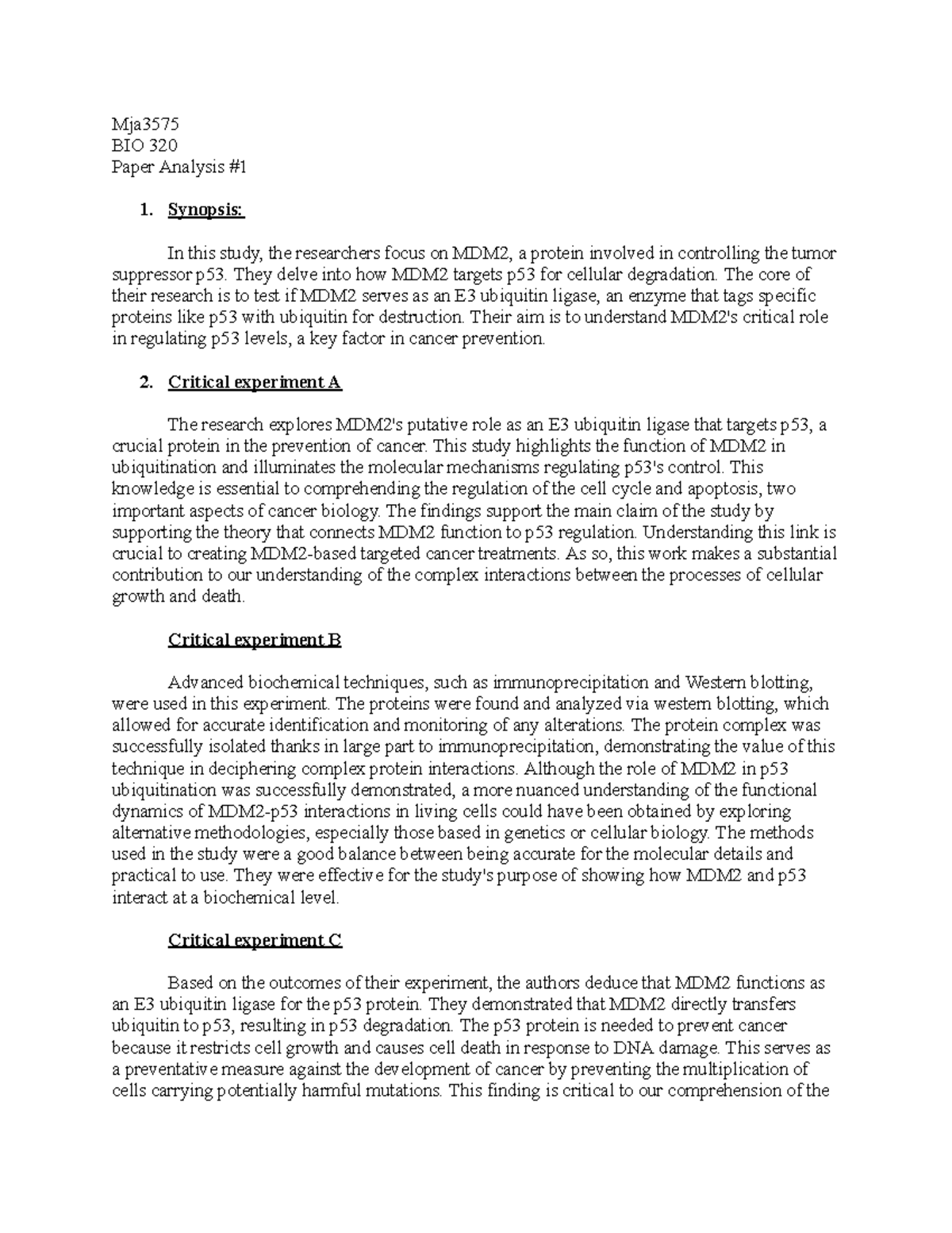 Paper #1 Cell Bio - Mja BIO 320 Paper Analysis # 1. Synopsis: In this ...
