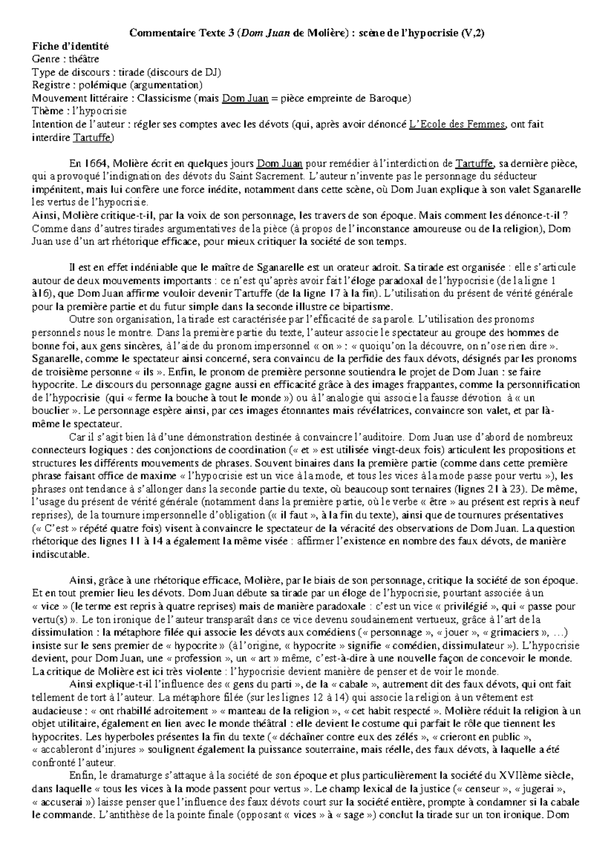 Commentaire-texte Don Juan de Molière - Commentaire Texte 3 (Dom Juan de Molière) : scène de ...