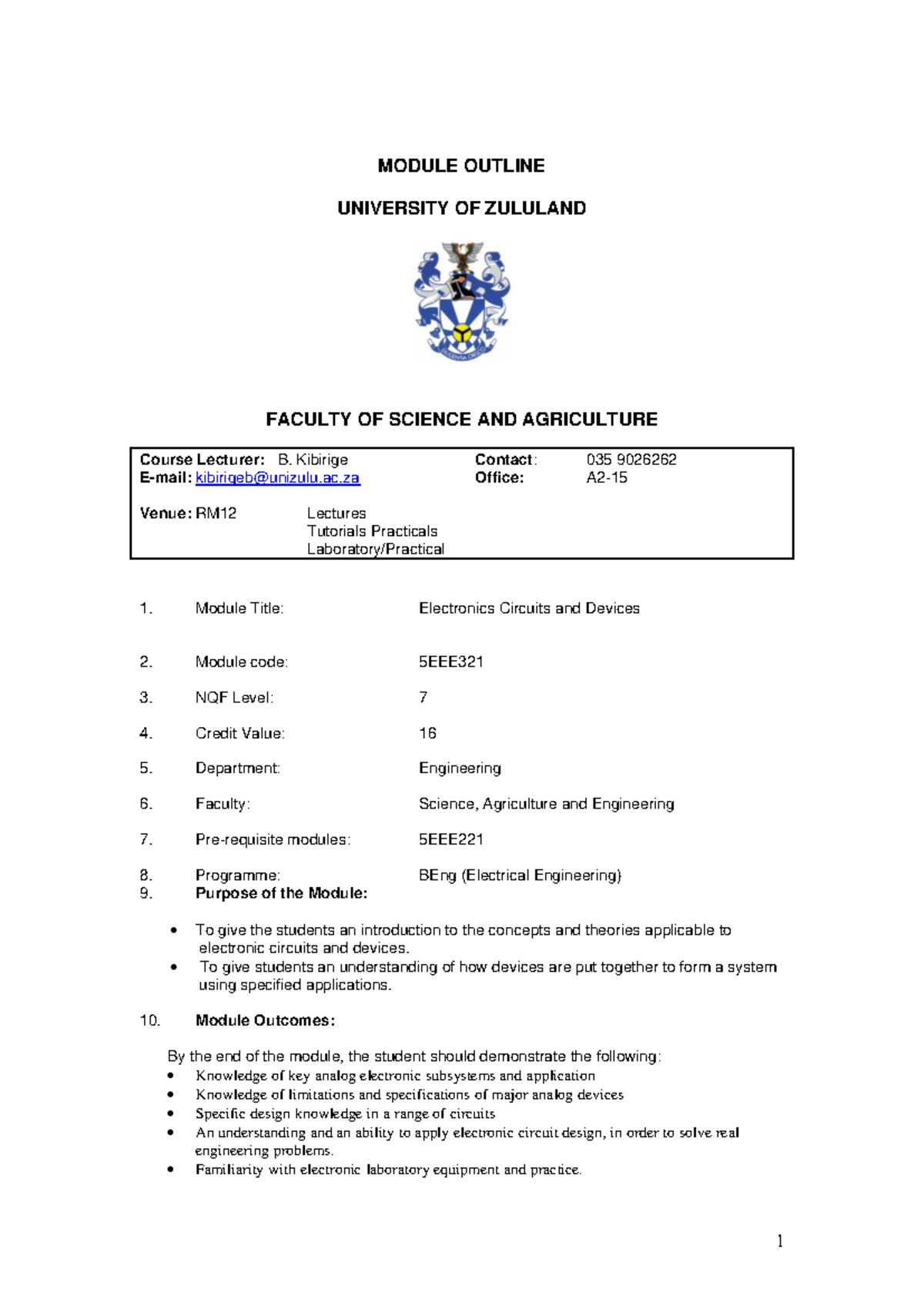 Course outline 5EEE321 - 1 MODULE OUTLINE UNIVERSITY OF ZULULAND ...