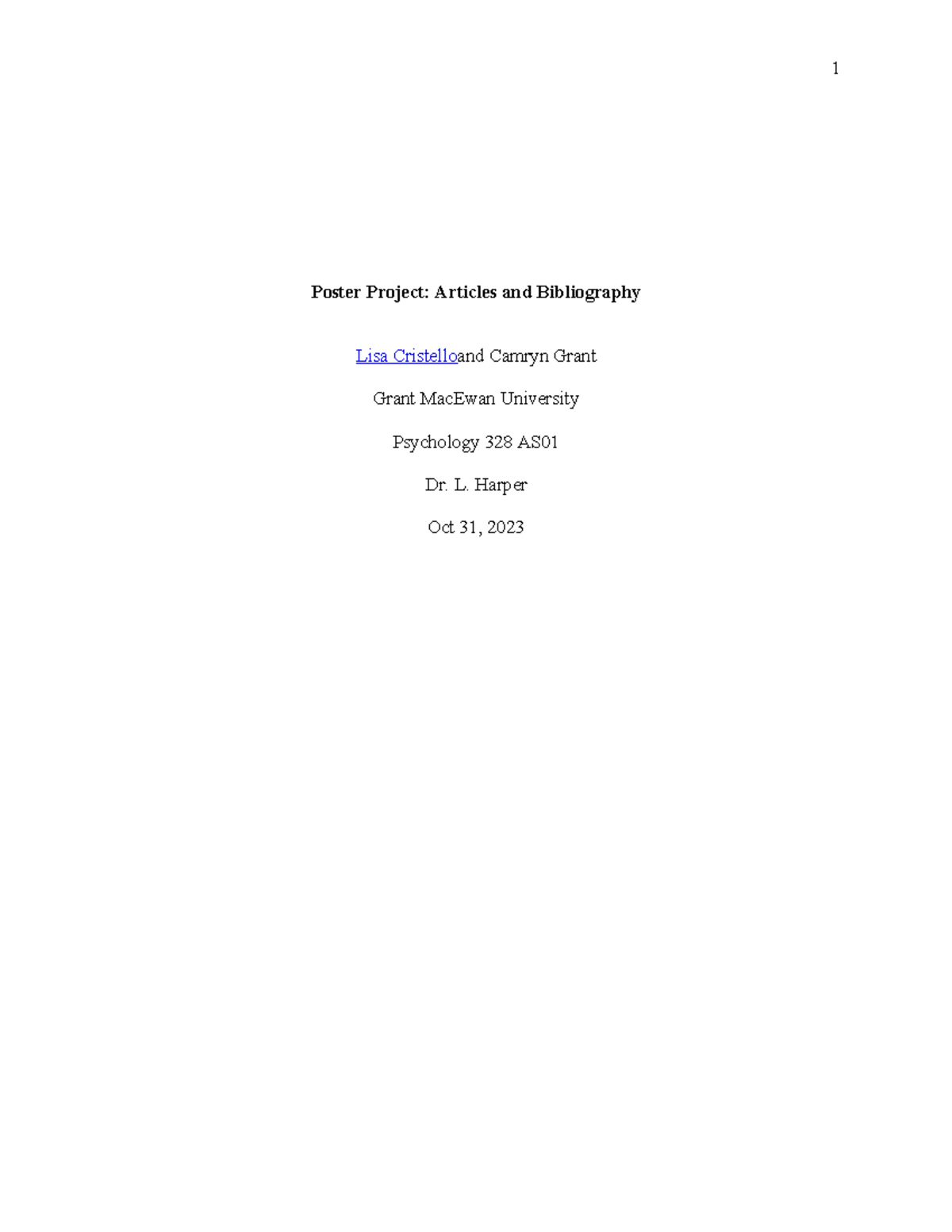 PSYC328 - Articles & Bibliography - 1 Poster Project: Articles and ...