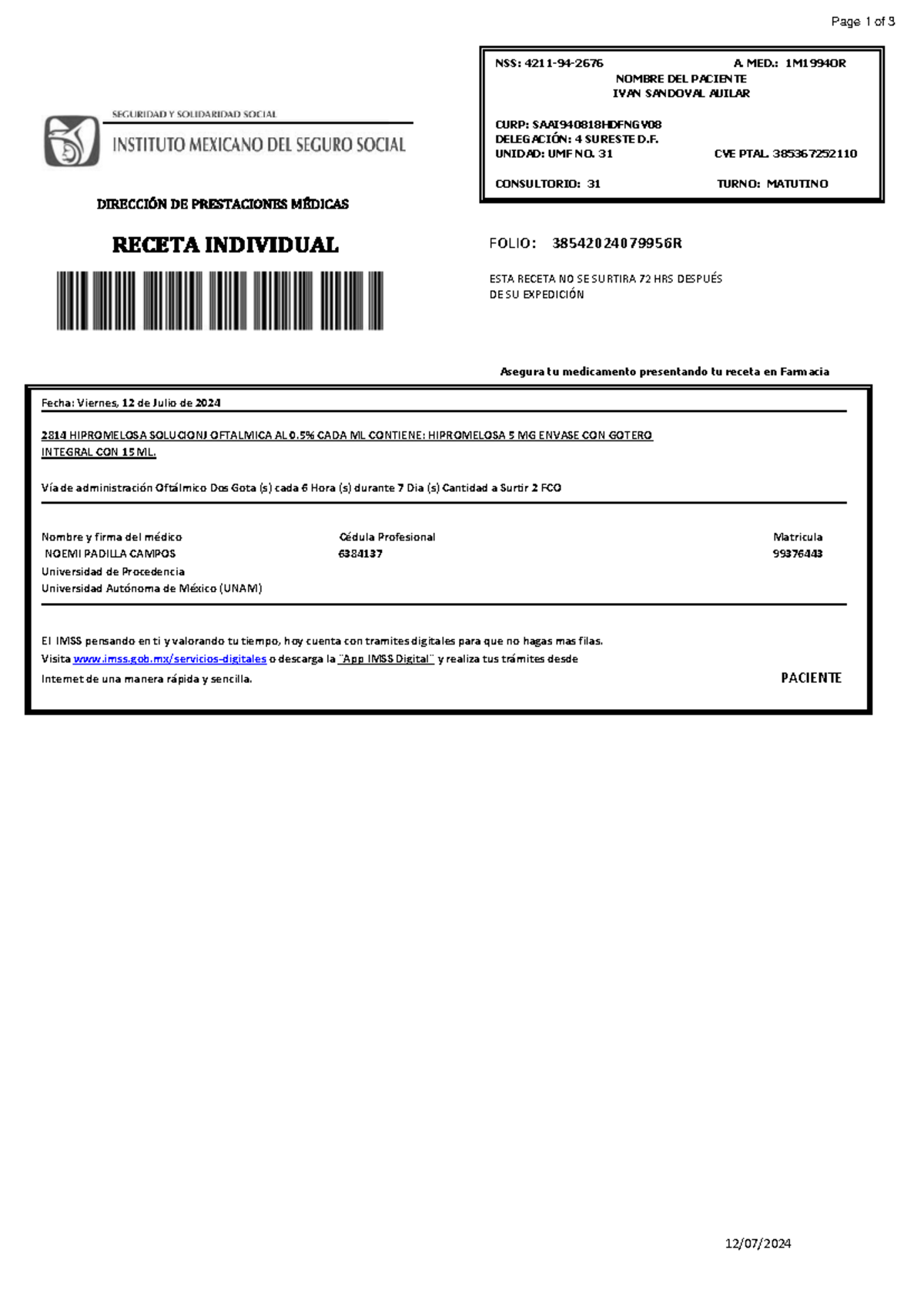 Receta Individual IMSS 2024 - 12/07/ Fecha: Viernes, 12 de Julio de ...