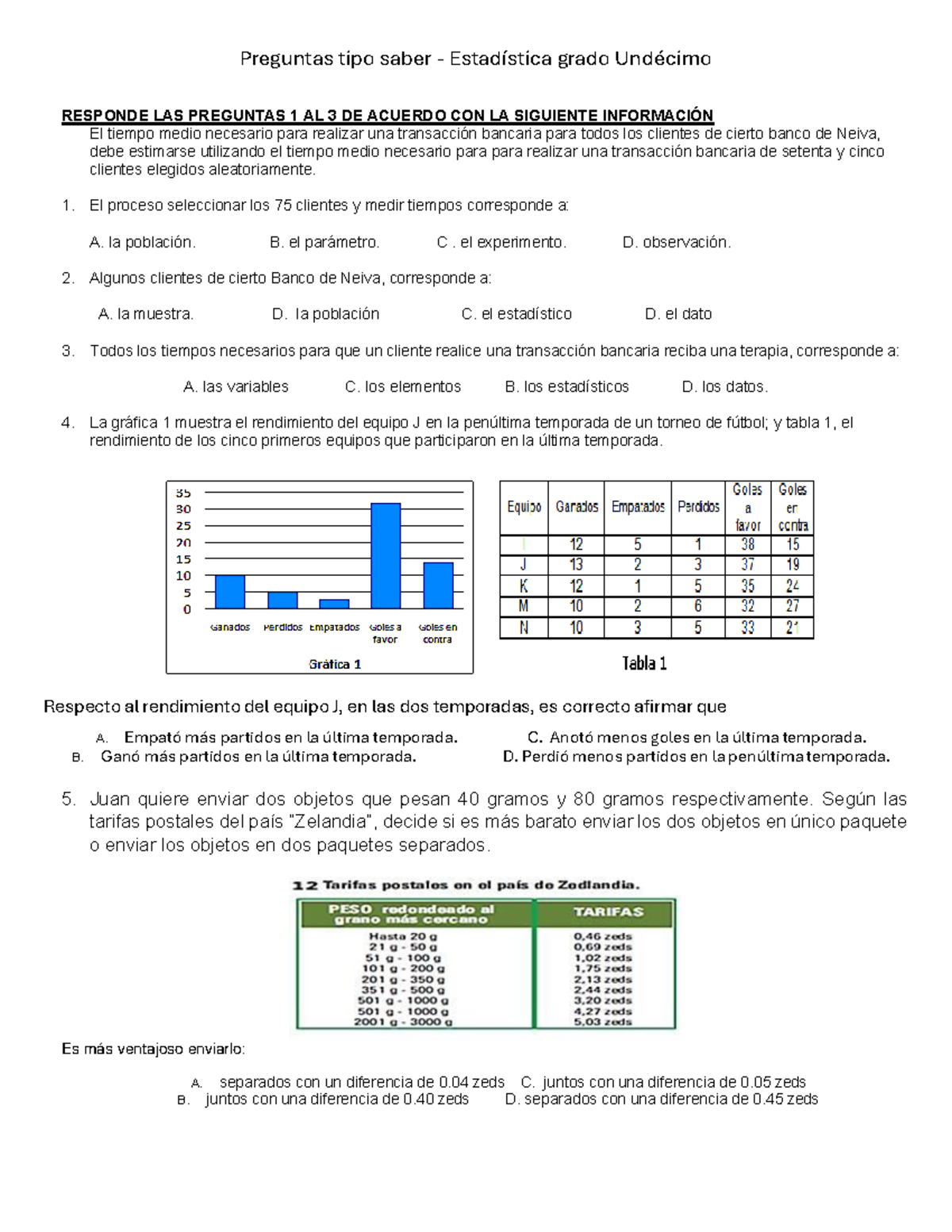 Taller estadística grado Undécimo - Preguntas tipo saber - Estadística grado Undécimo RESPONDE ...