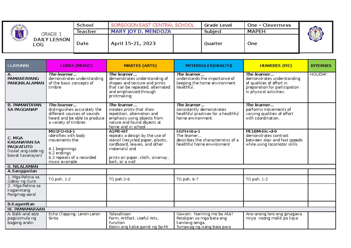 Mapeh Third Quarter WEEK 4 - GRADE 1 DAILY LESSON LOG School SORSOGON ...