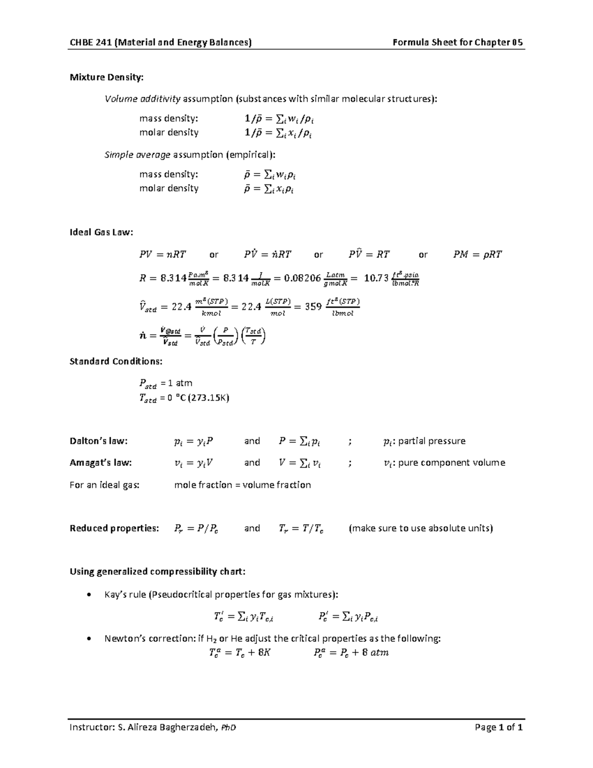 CHBE 241 Formula Sheet Chapters 1-4 W2021 - Mixture Density: Volume ...