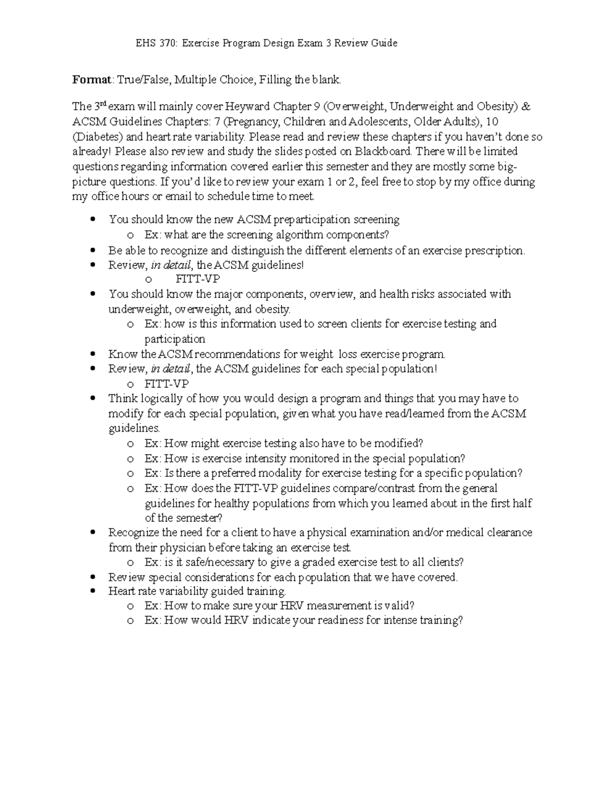 EXAM 3 Review - EHS 370: Exercise Program Design Exam 3 Review Guide ...