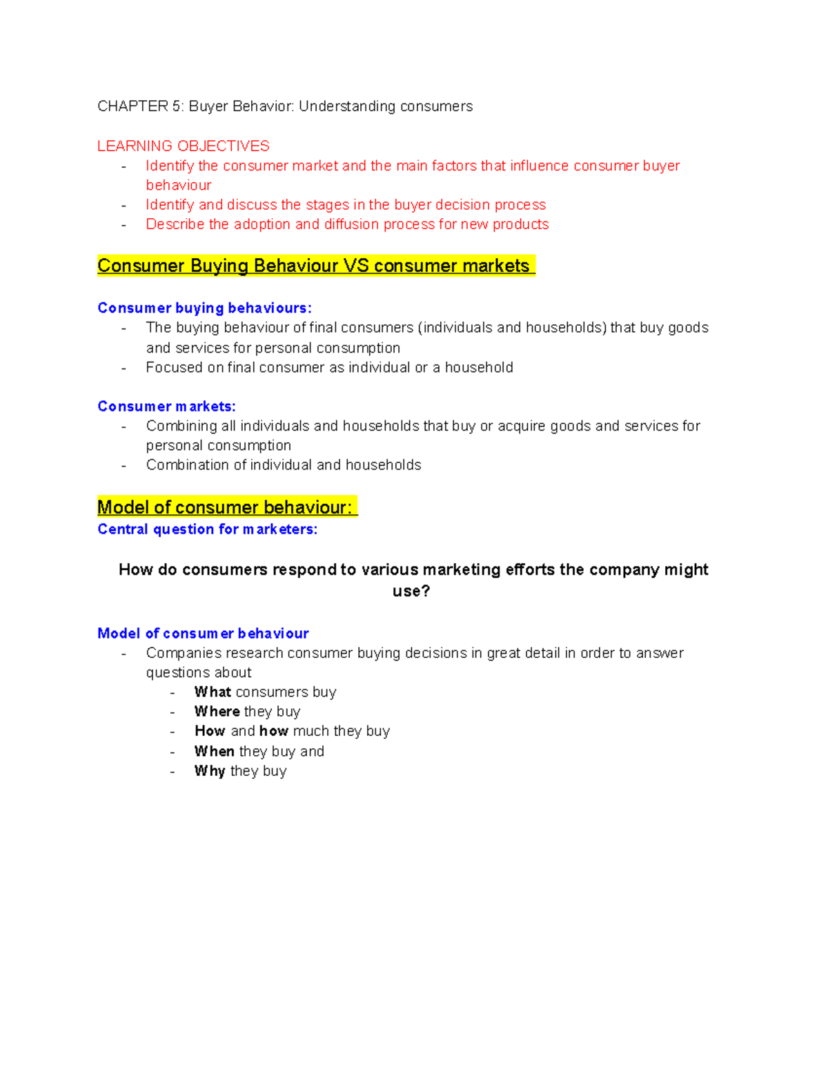 Chapter 5 - Marketing principles notes - CHAPTER 5: Buyer Behavior ...