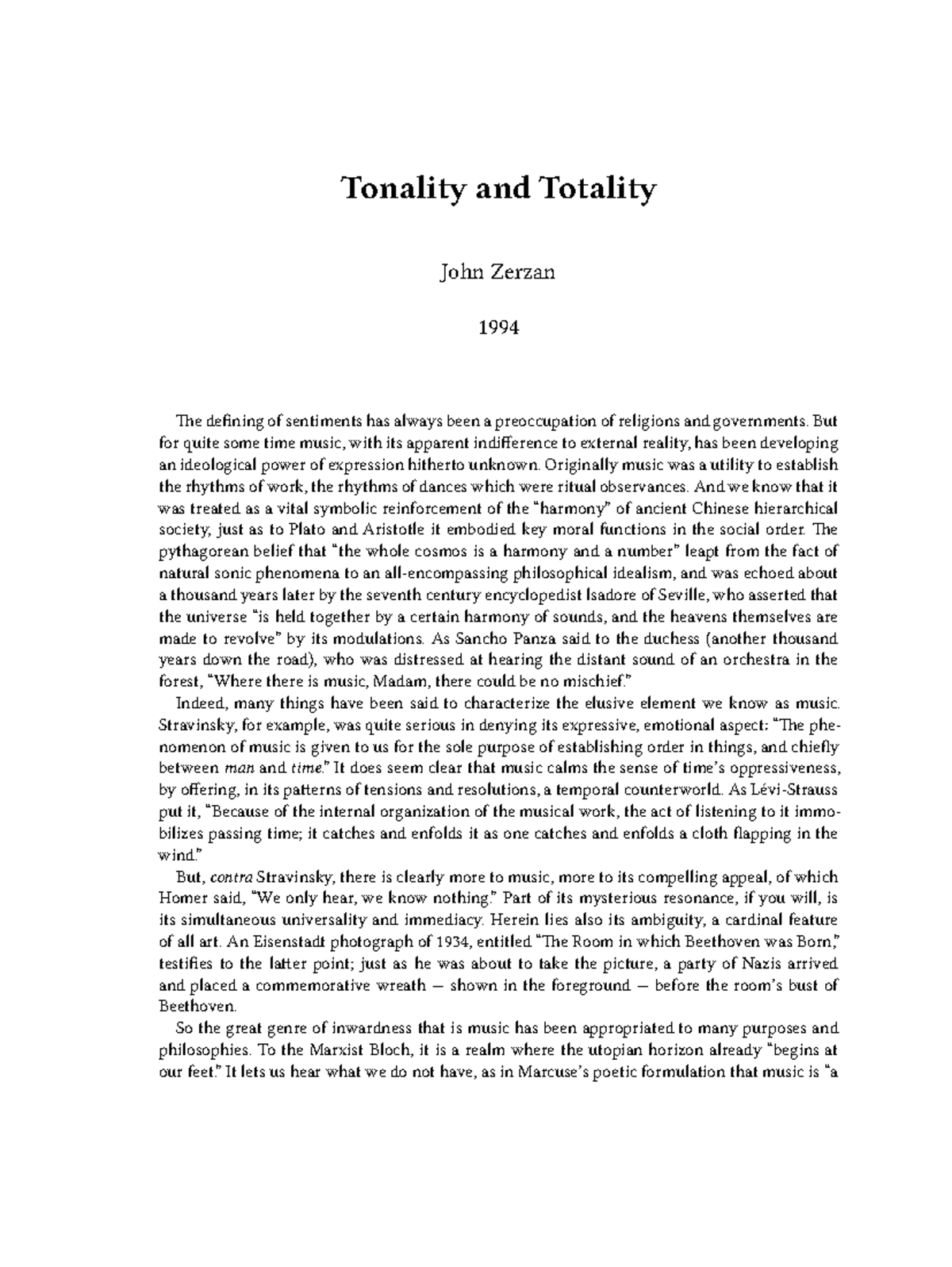 John zerzan tonality and totality - Tonality and Totality John Zerzan 1994 The defining of - Studocu
