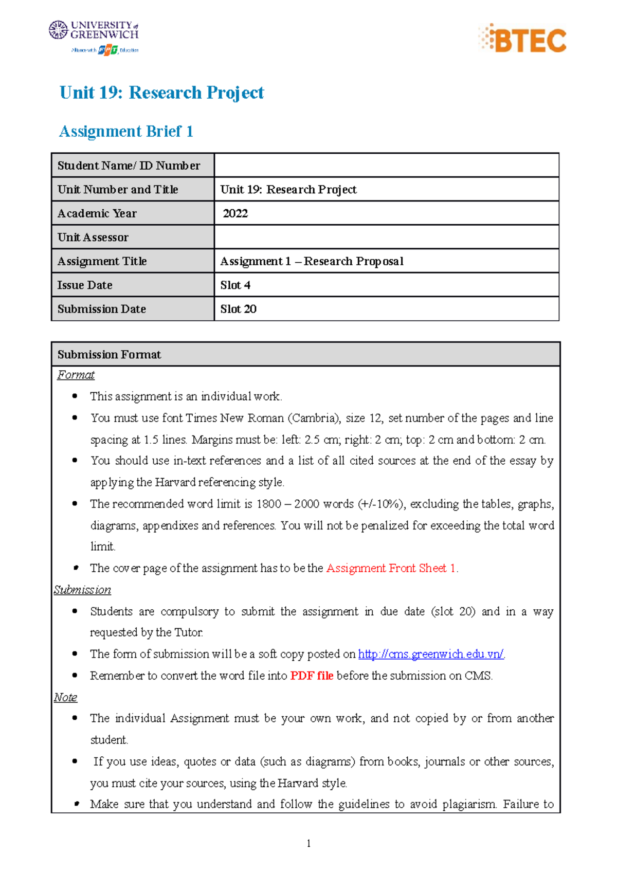 5060 Assignment 1 Brief - Unit 19: Research Project Assignment Brief 1 Student Name/ ID Number ...