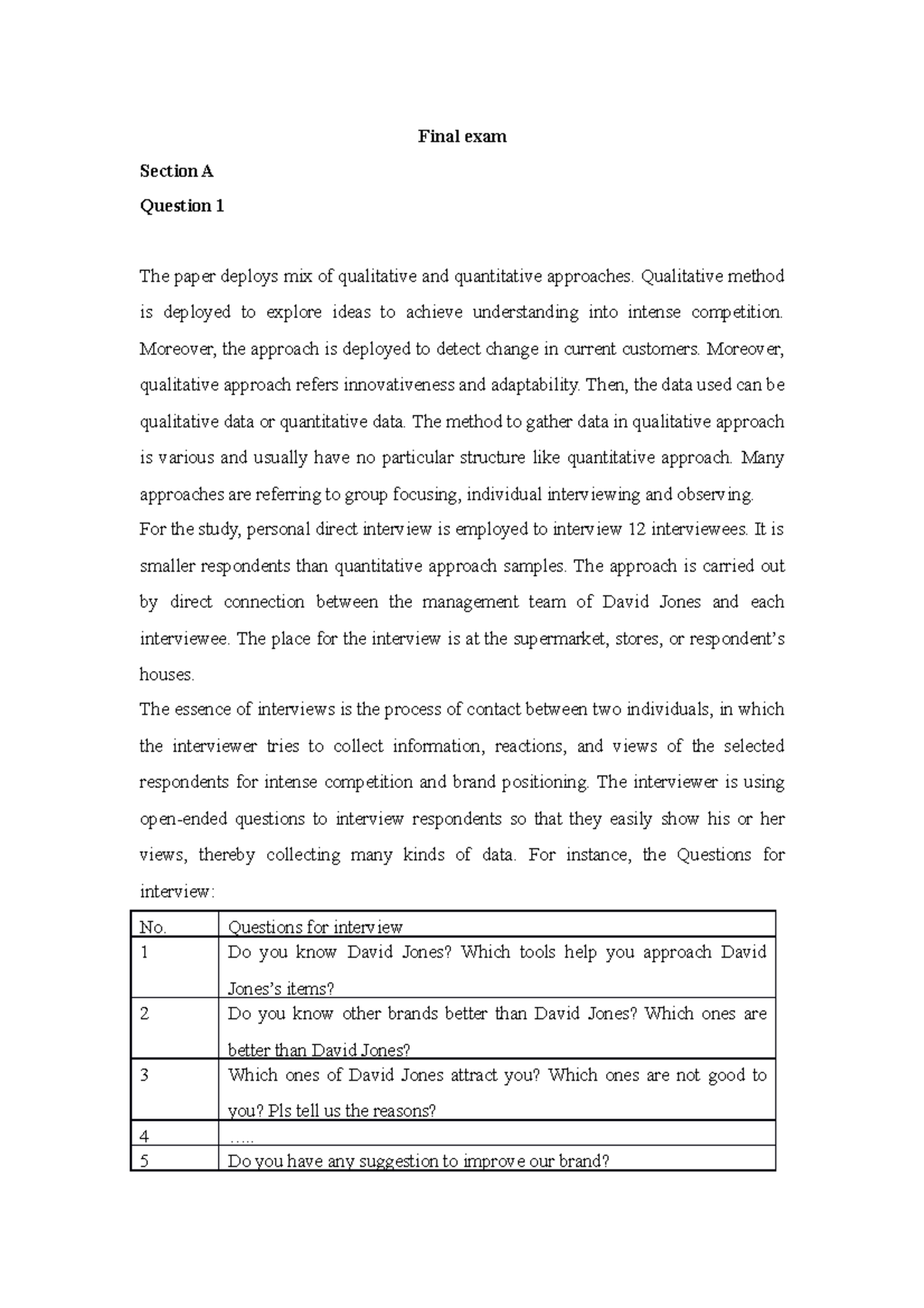 Final exam - hope it useful for you - Final exam Section A Question 1 ...