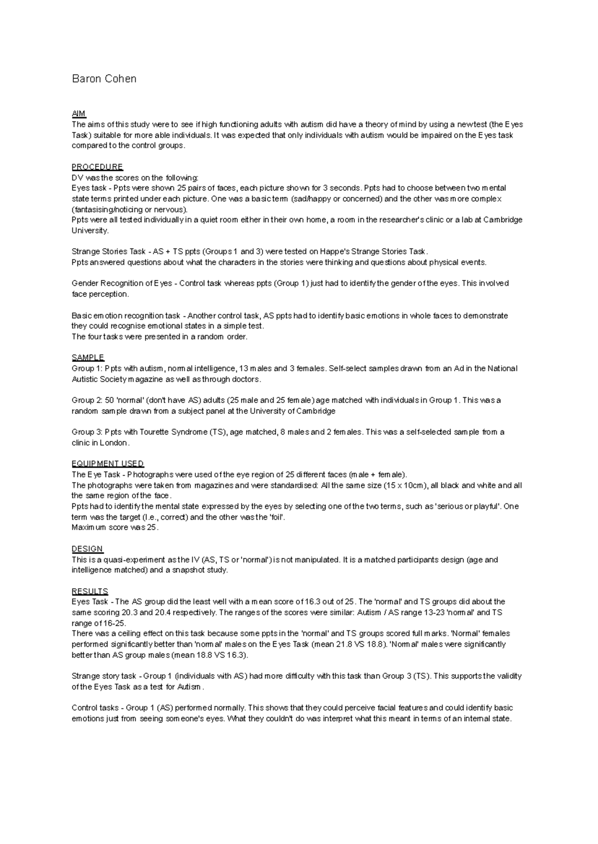 Baron Cohen and Bocchiaro - Baron Cohen AIM The aims of this study were ...