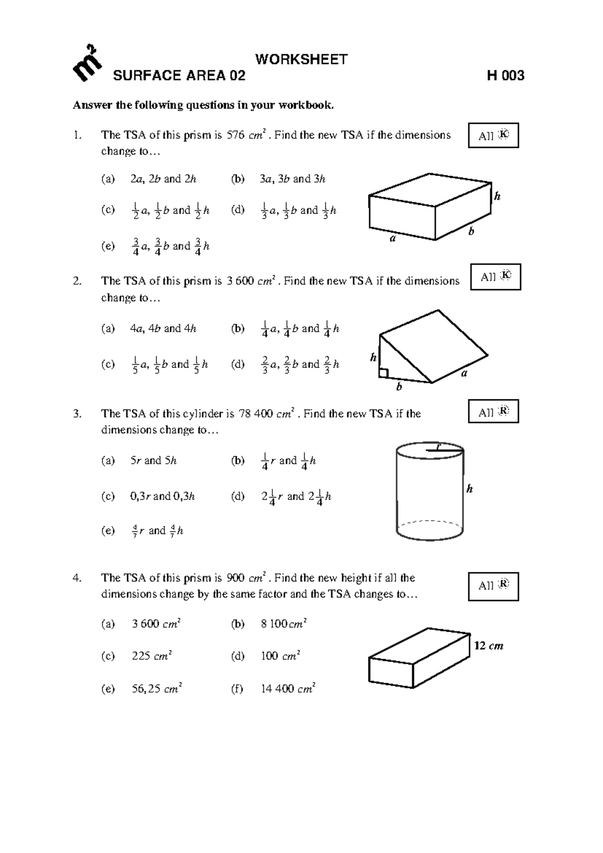 H003 W Surface Area 02 - WORKSHEET SURFACE AREA 02 H 003 Answer the ...
