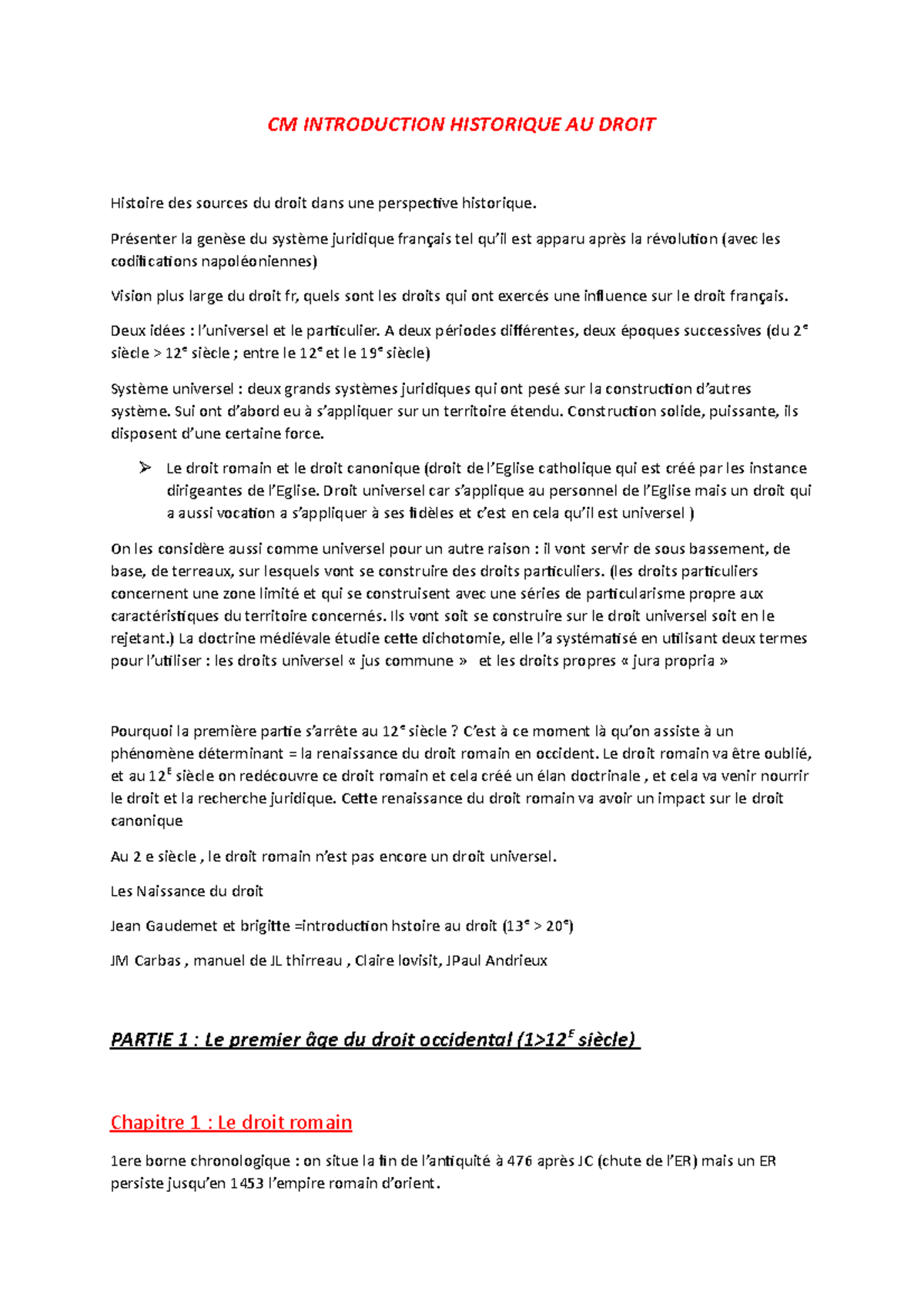 CM Introduction Historique AU Droit - CM INTRODUCTION HISTORIQUE AU DROIT Histoire des sources ...