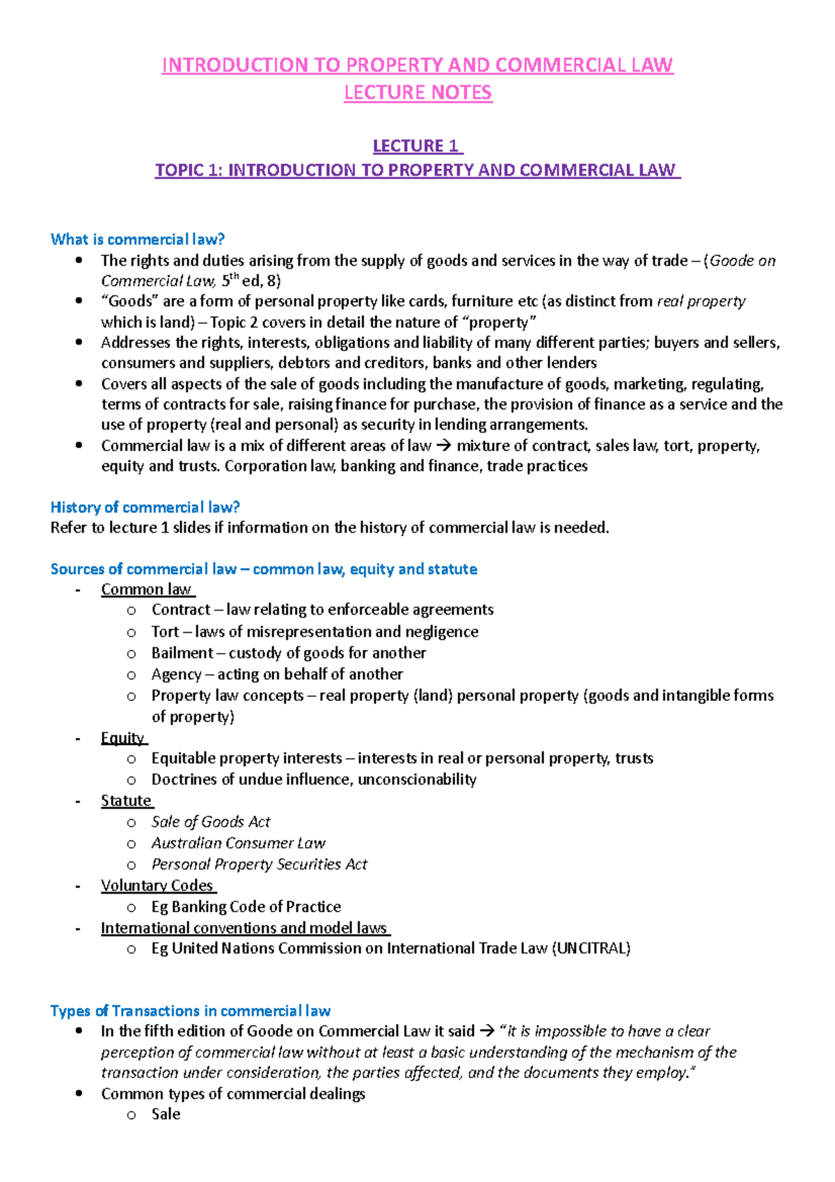 Intro to Property and Commercial Notes - INTRODUCTION TO PROPERTY AND ...