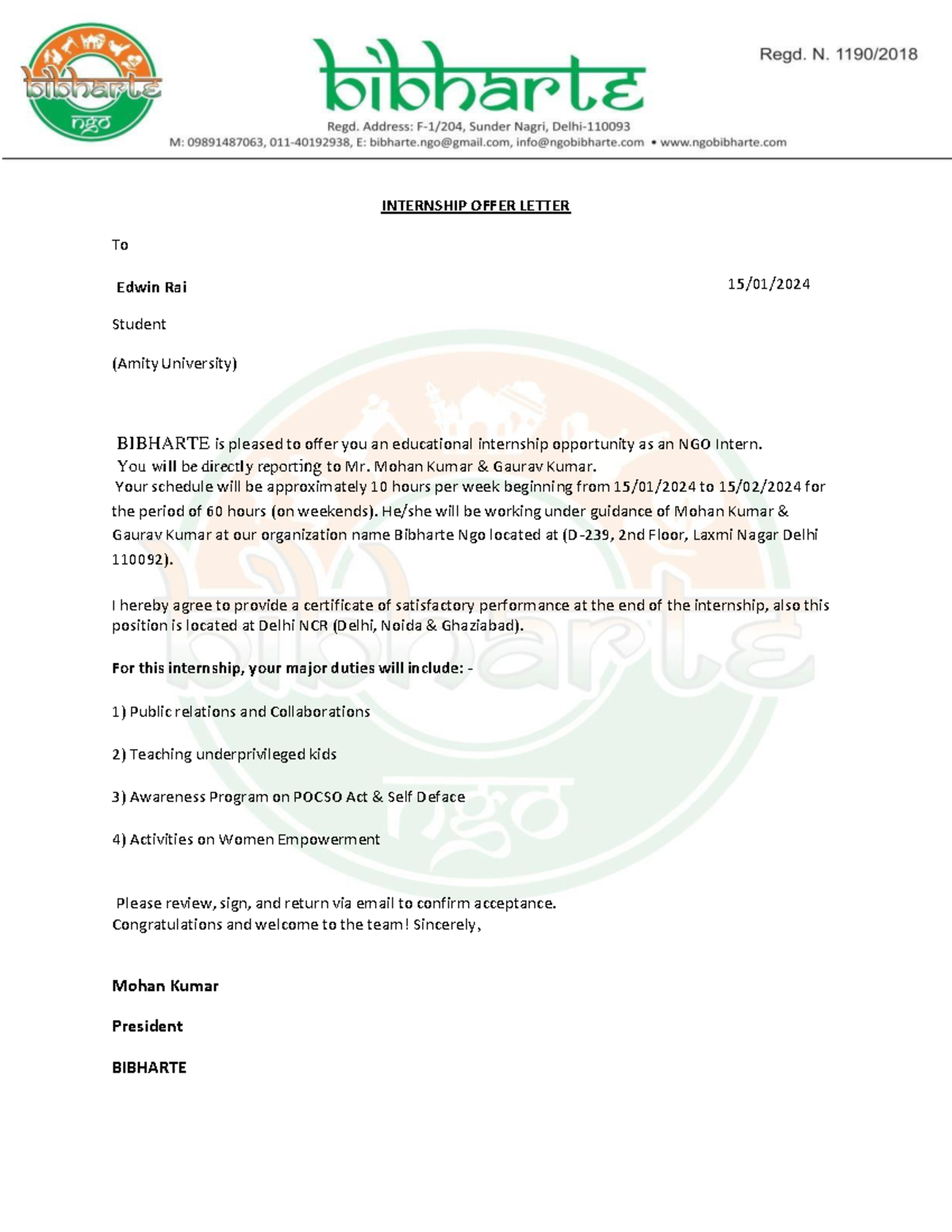 Edwin rai - Work - INTERNSHIP OFFER LETTER To 15/01/ Student (Amity ...