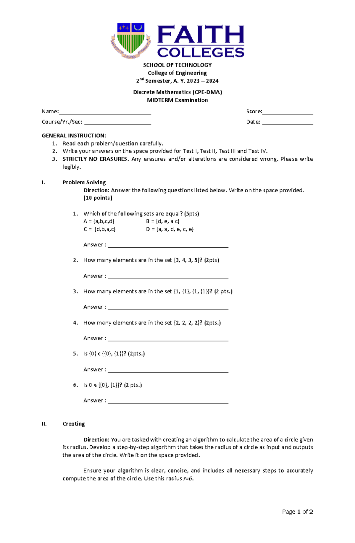 Midterm EXAM-CPE-DMA - Page 1 of 2 SCHOOL OF TECHNOLOGY College of Engineering 2 nd Semester, A ...